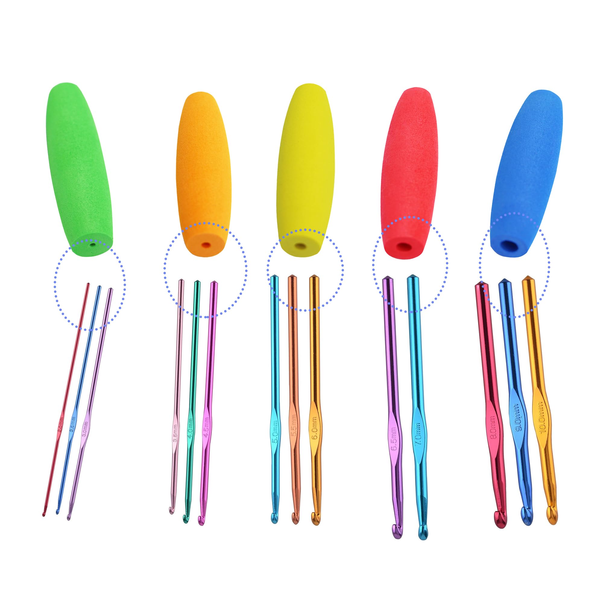 MEYAGO 5PCS Crochet Hook Grips Set Ergonomic Crochet Hook Handle Multi-Size Ergonomic Crochet Hook Handle Attachment - Fits 2mm to 10mm Hooks