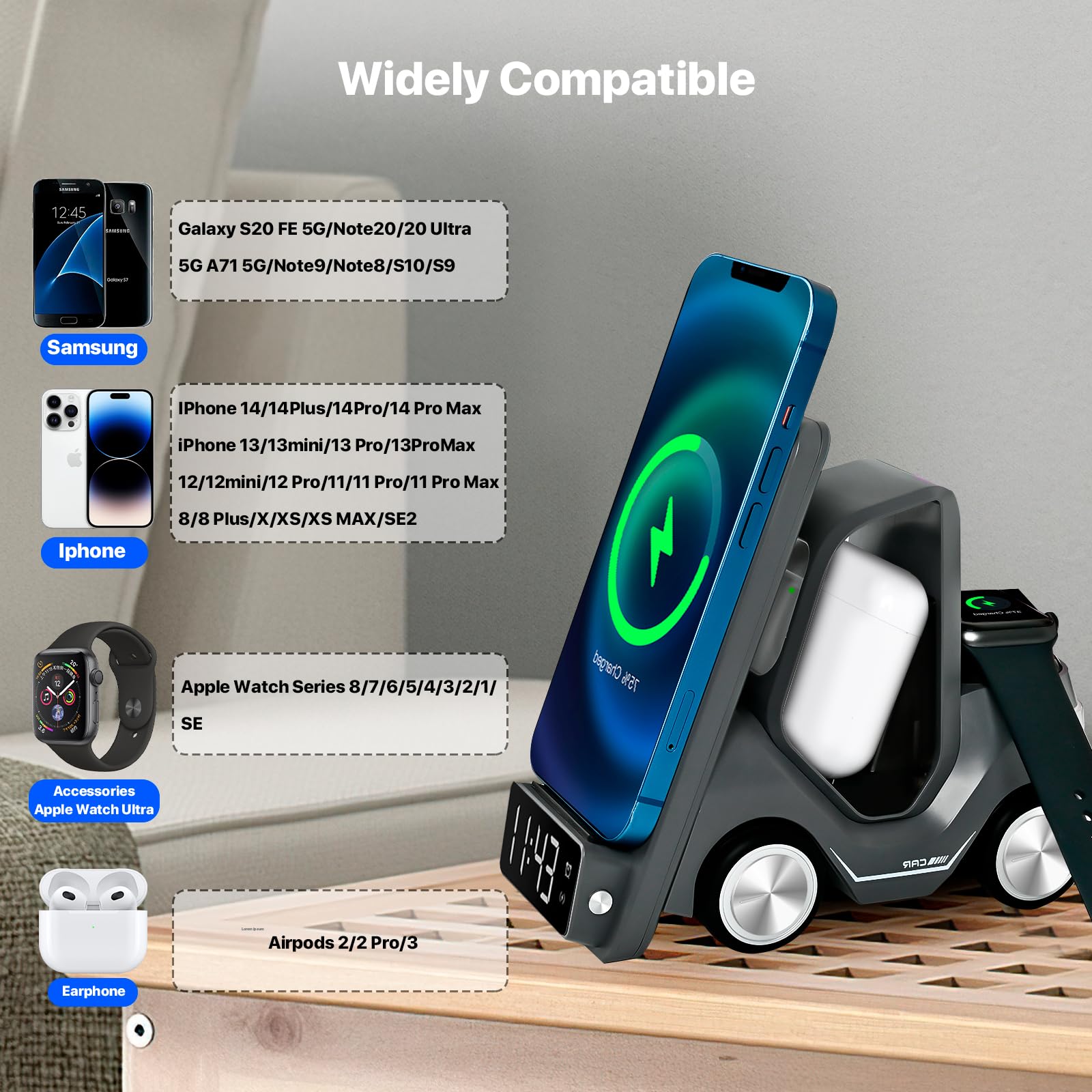 Diecallan 5 in 1 Wireless Charging Station 20W Adapter Fast Wireless Charging Apple Devices for iPhone 15/14/13/12 Series for AirPods Pro/3/2,for Apple Watch/iWatch Support Alarm Clock Light(Grey)