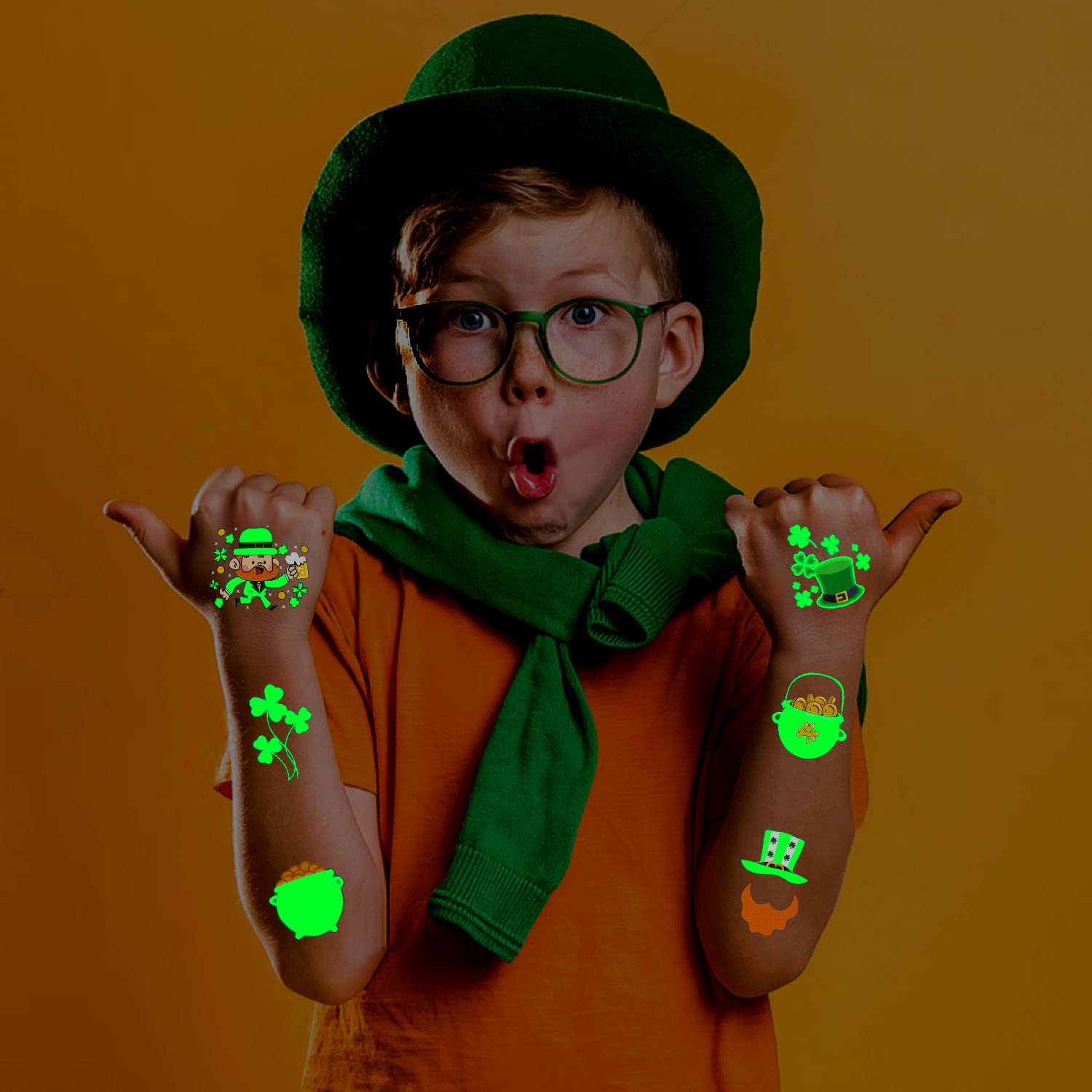 Partywind 200 Styles Luminous St Patrick's Day Temporary Tattoos for Kids Party Favors, Glow Saint Patrick's Day Accessories Decorations, Special Irish Shamrock Stickers for Kids (10 Sheets)