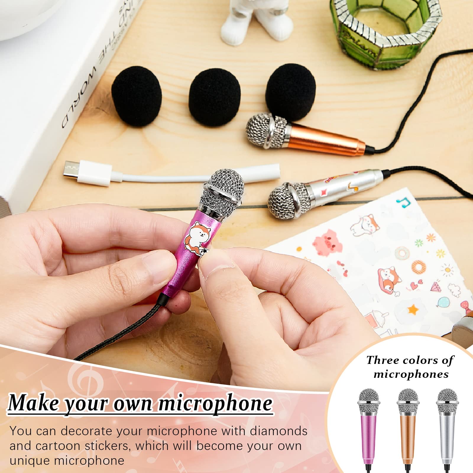 Flutesan 3 Pieces Mini Microphone Tiny Microphone Mini Portable Vocal Instrument Microphone and 3 Pieces USB Type C to 3.5 mm Female Adapter for Mobile Phone