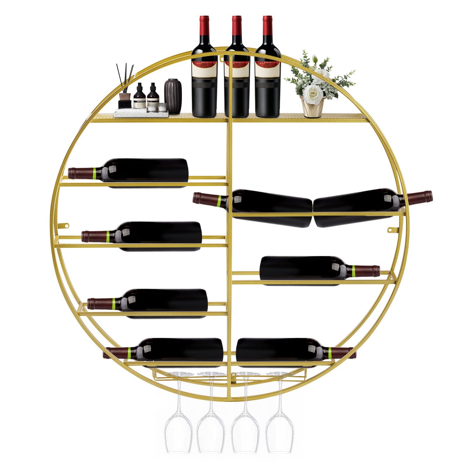 Gdrasuya10 Gold Wall Mounted Wine Racks Modern Metal Hanging Wine Bottle Holder Shelf for 12 Bottles and 4 Glass Cups Round Multipurpose Wine Storage Display Rack for Home Bar Dining Room Kitchen
