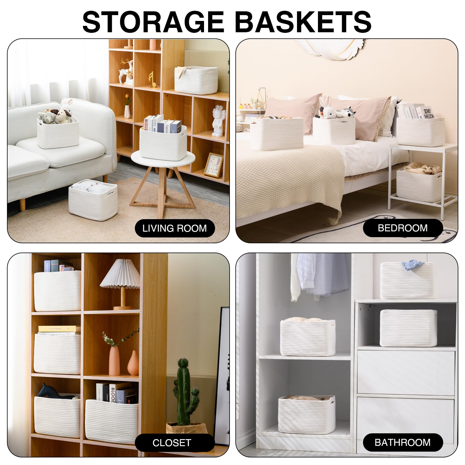 ICERZCZ Storage Baskets for Organizing, Woven Baskets for Storage, Storage Baskets Bin for Shelves, Cotton Rope Basket with Handles, 12.5" Lx9.1W x7.9H, (4 pack) White