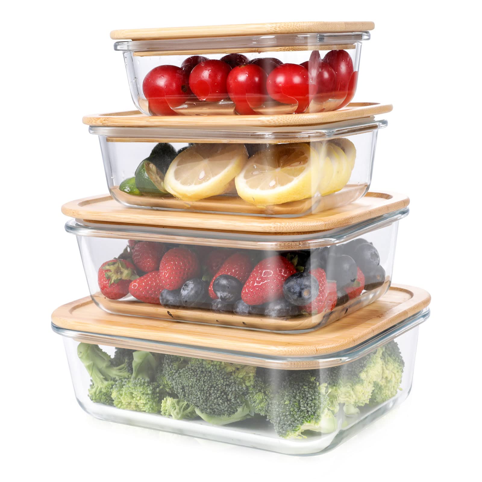 Glass Meal Prep Containers, 4 Piece Airtight Food Storage Containers with Bamboo Lids, BPA Free Leak Proof Glass Fridge Storage Containers for Microwave, Dishwasher