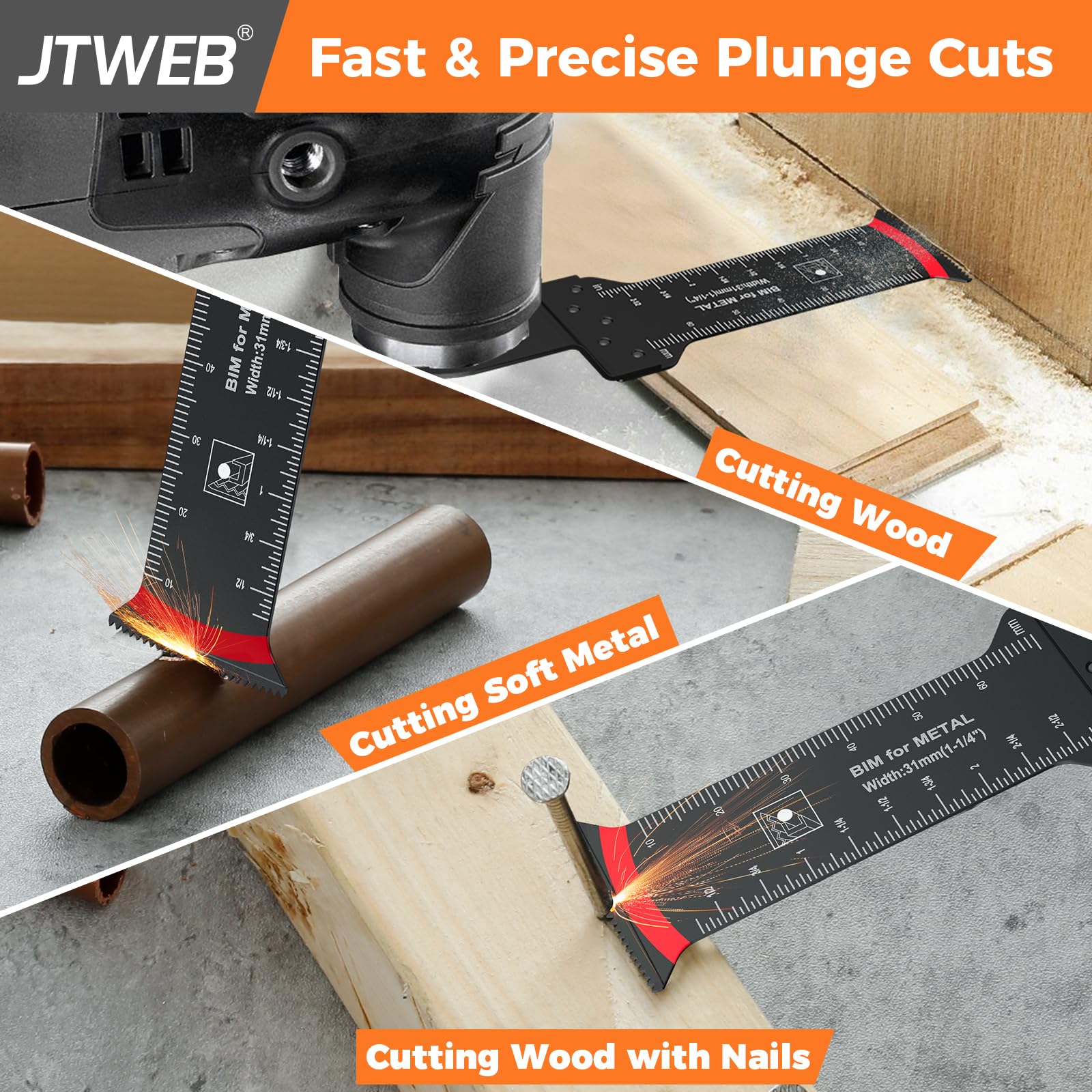 JTWEB Extra Long Oscillating Saw Blades - 30PCS Arc-Shaped Edge Bi-Metal Multitool Blades Precise Cut for Wood with Nails, Metal, Universal Quick Release Power Oscillating Tool Blades Kits