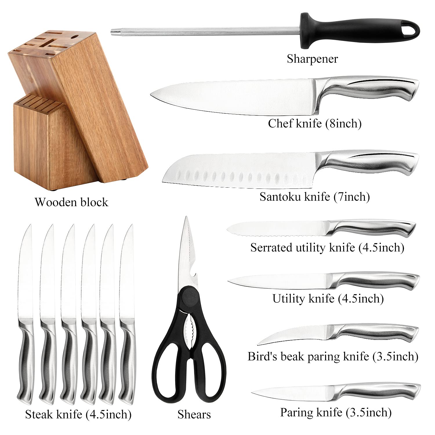 GOOD HELPER 15 Piece Kitchen Knife Sets with Wooden Block High Carbon Stainless Steel Knife Set Sharp Chef Knife Set Shears Steak Knives Utensils Dishwasher Safe Utility Knife