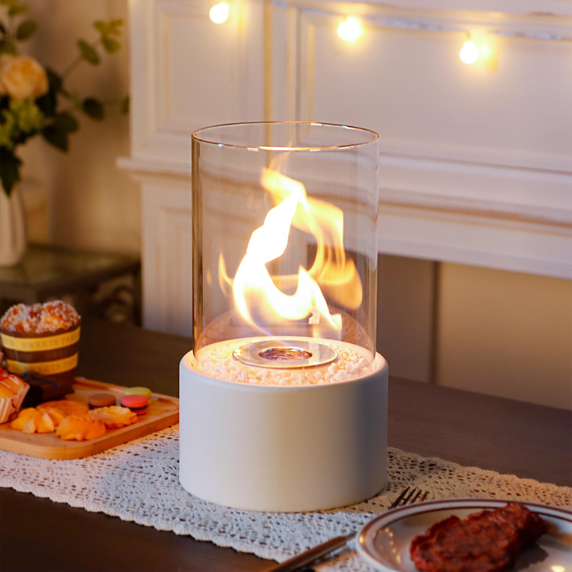 JHY DESIGN 11“H Large Tabletop Fire Bowl Pot Portable Tabletop Fireplace–Clean-Burning Bio Ethanol Ventless Fireplace for Indoor Outdoor Patio Parties(White)