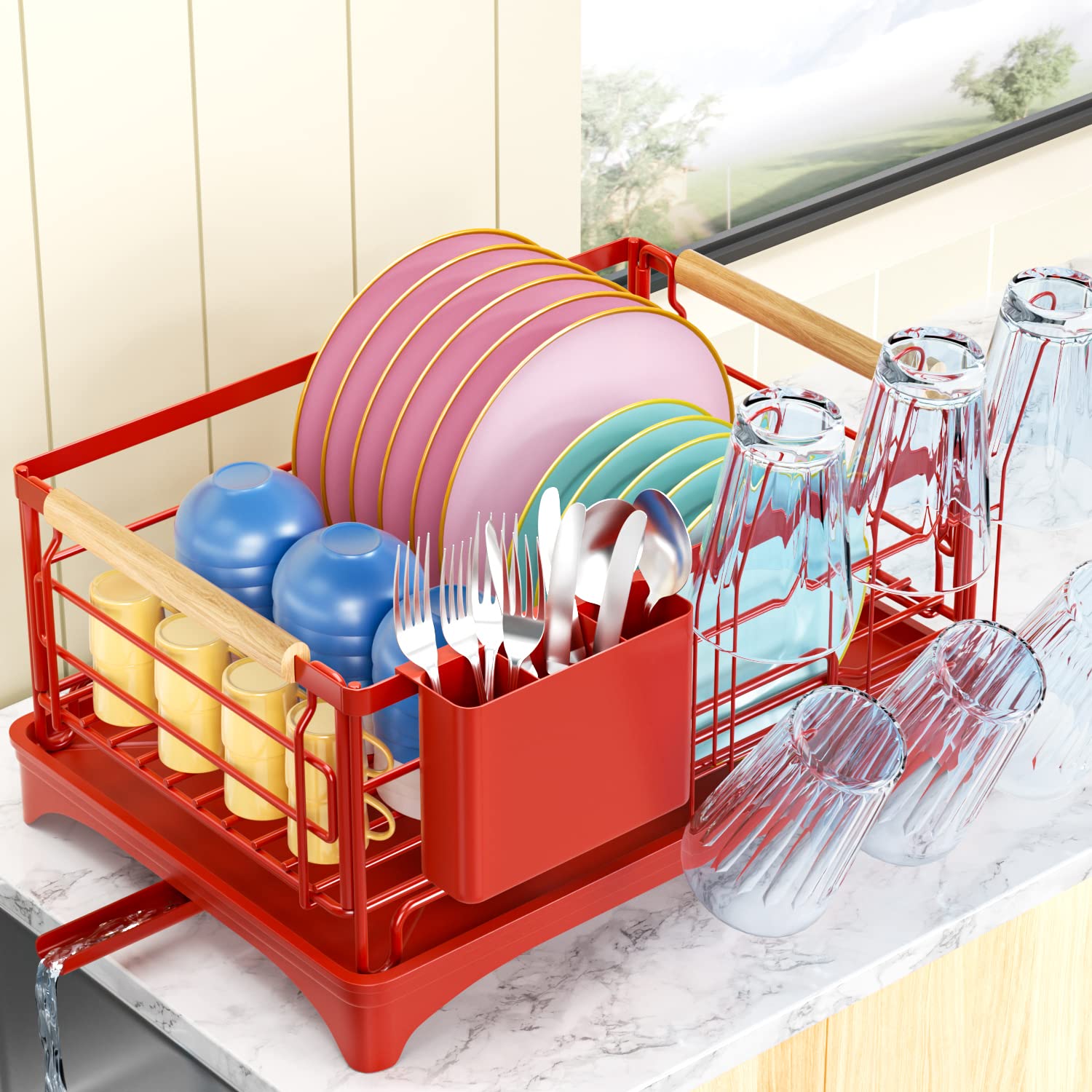 G-TING Dish Drying Rack, Dish Rack for Kitchen Counter, Rust-Proof Dish Drainer with Drying Board and Utensil Holder for Kitchen Counter Cabinet, 16.6” L× 12.6”W× 7.8”H, Bright Red