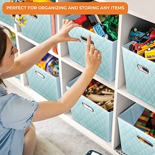 JIAessentials Medium 12-inch Blue Foldable Diamond Patterned Faux Leather Storage Cube Bins Set of Four with Handles with Dual Handles for living room, bedroom and office storage