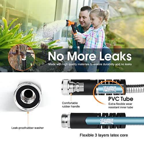 HDKing Garden Hose 50 FT - Flexible Metal Hose with 10 Function Nozzle, Kink Free, Lightweight, Durable, Crush Resistant Fitting, Easy to Coil, Puncture Proof Hose for Yard, Rv, 600 PSI - 2024 Model