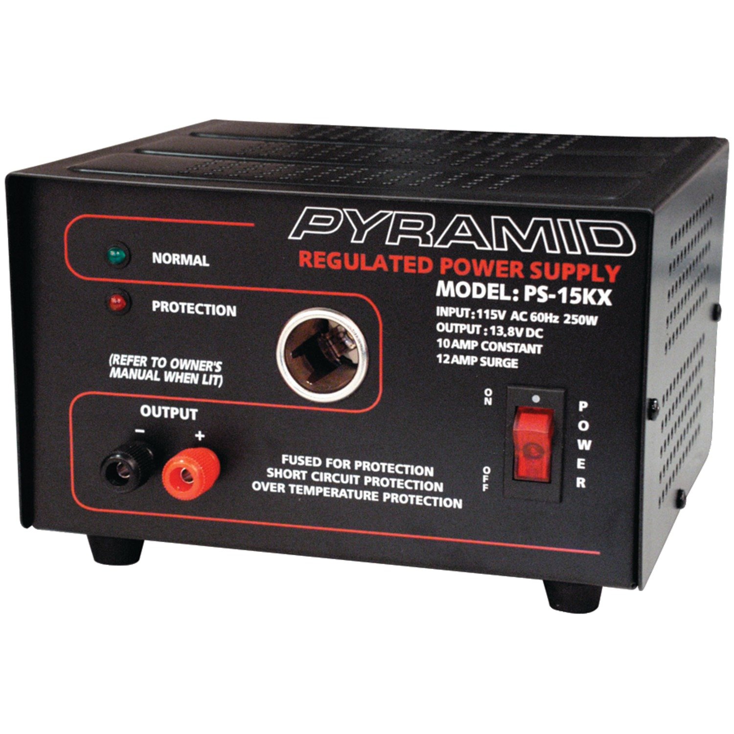 Pyramid Universal Compact Bench Power Supply - 10 Amp Linear Regulated Home Lab Benchtop AC-to-DC Converter w/ 13.8 Volt DC 115V AC 250W Input, Screw Type Terminal, 12V Car Cigarette Lighter - Pyramid PS15K