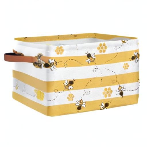 Storage Baskets with Handles, Bee Honeycomb Yellow White Stripe Storage Cube Rectangular Fabric Collapsible Toy Storage Bin Organizer for Closet Shelf Laundry Nursery Kids Bedroom, 15x11x9.5 In,1 Pack