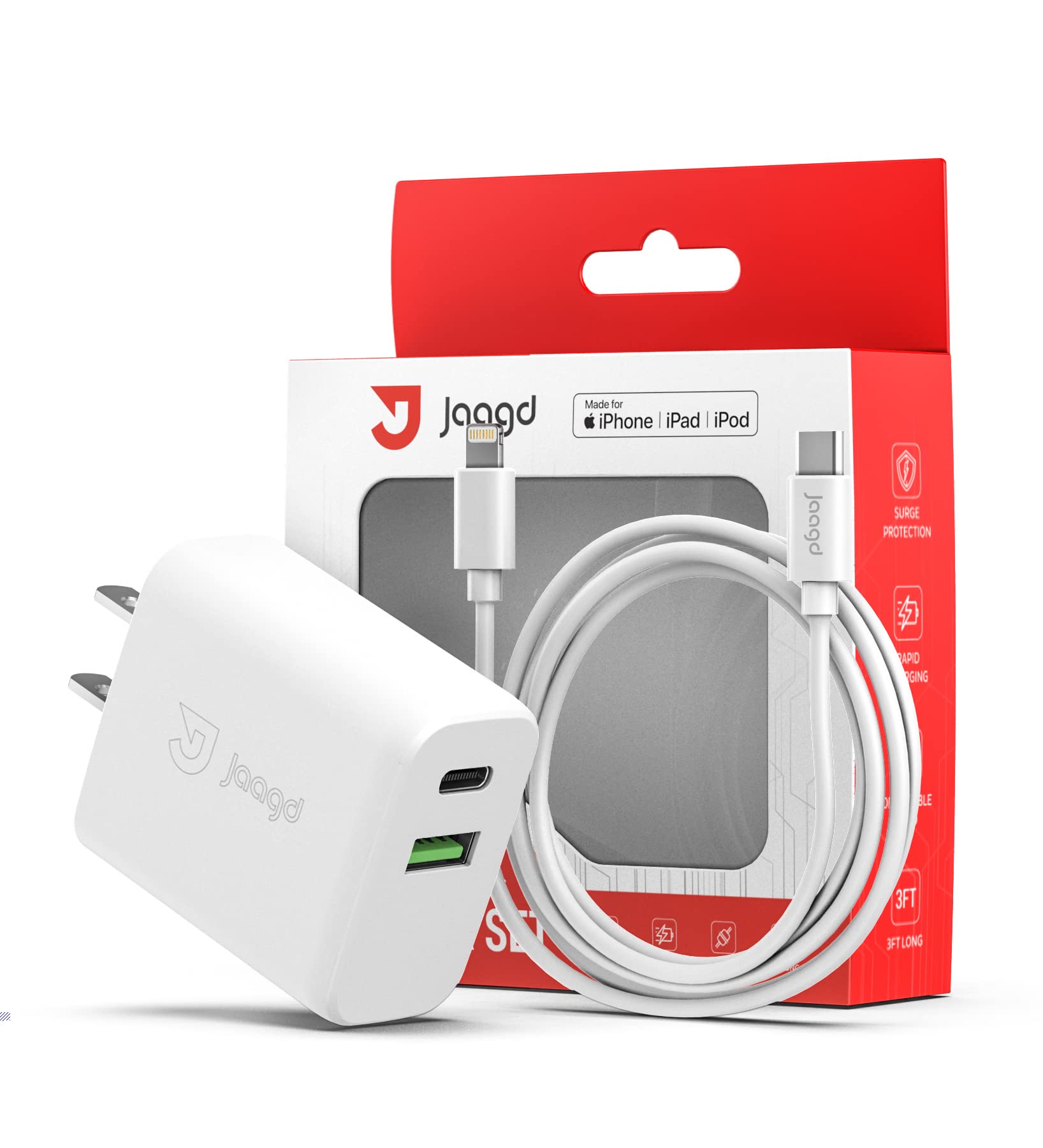 Jaagd 20W Charger for iPhone and iPad, USB C and USB Dual Wall Charger Set with Type-C Lightning Cable Compatible with iPhone 14/13/13 Pro/13 Pro max/iPhone 12/12 Pro max/X and More