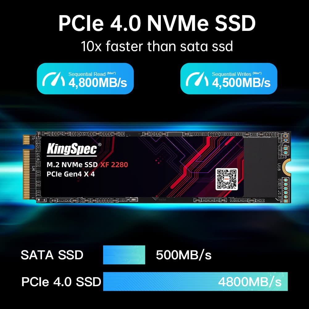 KingSpec 1TB NVMe SSD, M.2 2280 PCIe 4.0 SSD - Read Speed up to 4800MB/s, 3D NAND TLC Flash Internal Solid State Drive, Compatible with PS5 Console/Desktop/Laptop(2280,1TB)