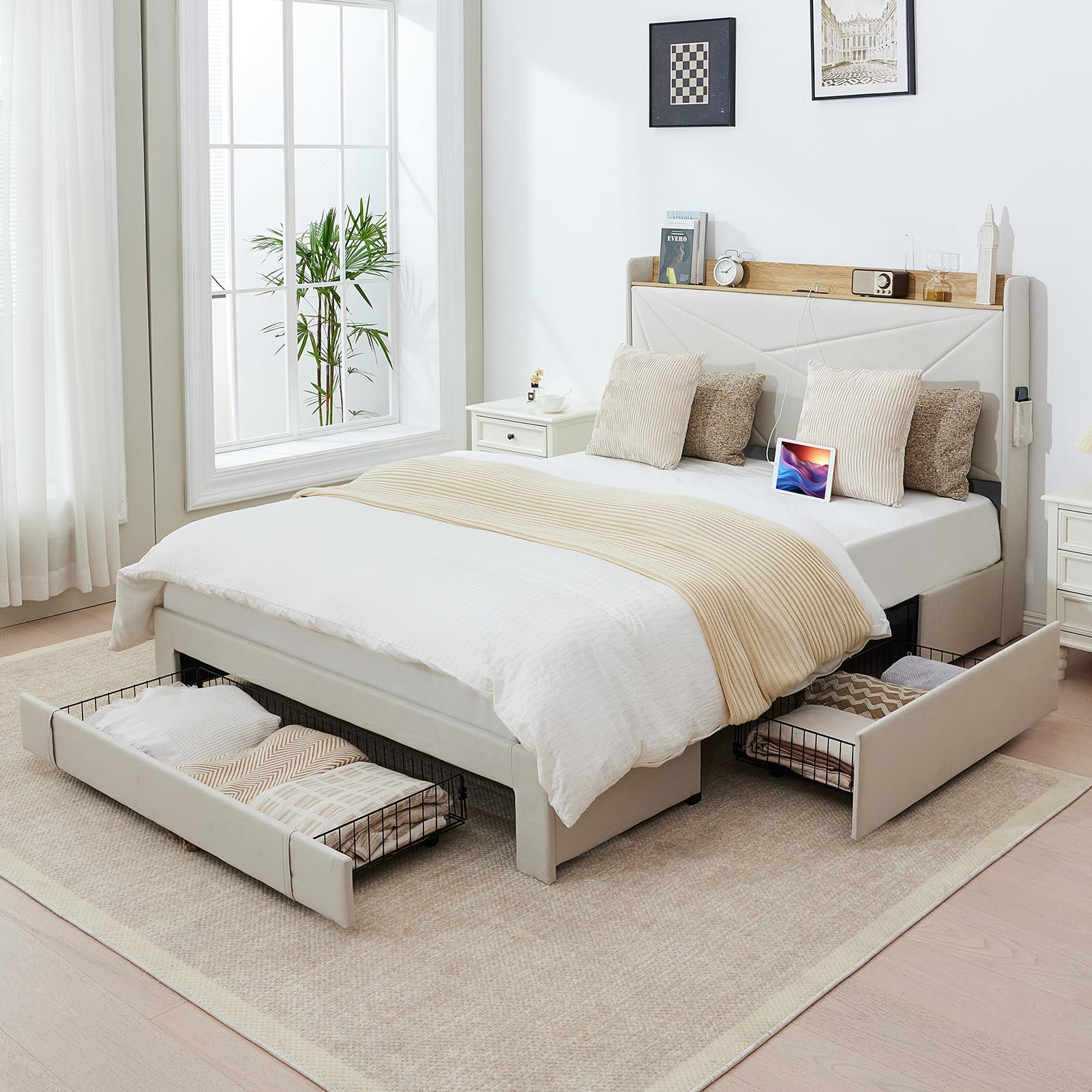 Hixkol Queen Bed Frame with Storage, Bed Frame with Drawers, AC USB & Type C Charge Station,Easy Assembly, Beige