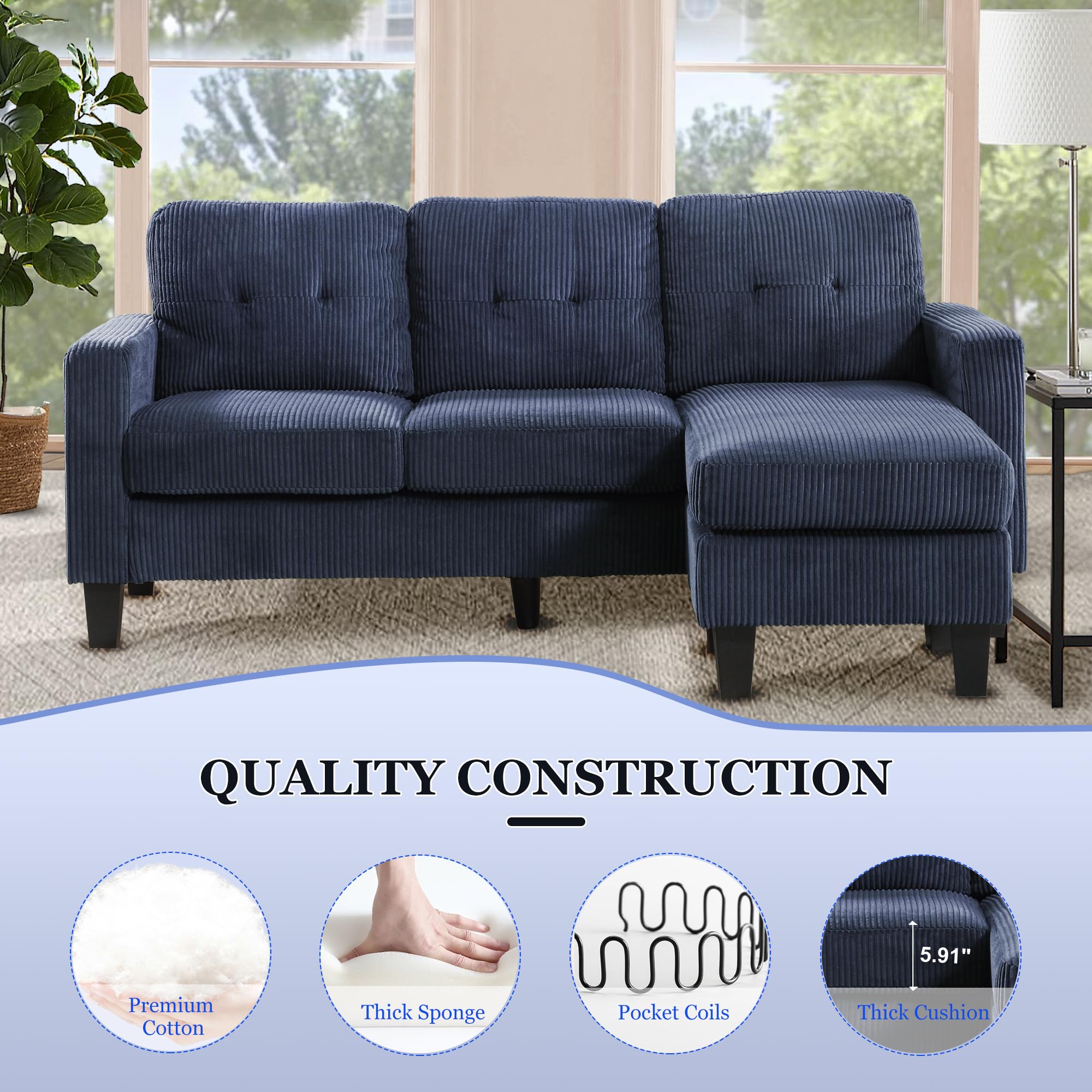 KYLE & KAY 73'' Convertible Sectional Sofa Couch, 3 Seat L-Shaped Sofa with Reversible Chaise, Small Couches for Small Spaces,Living Room, Apartment and Office, Navy