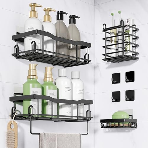 JIANDOS Shower Caddy 9 Pack, Adhesive Shower Organizers for Bathroom&Kitchen, Large Capacity Stainless Steel, Drill-Free Shower Shelves for Inside Shower with Hooks SC01-1