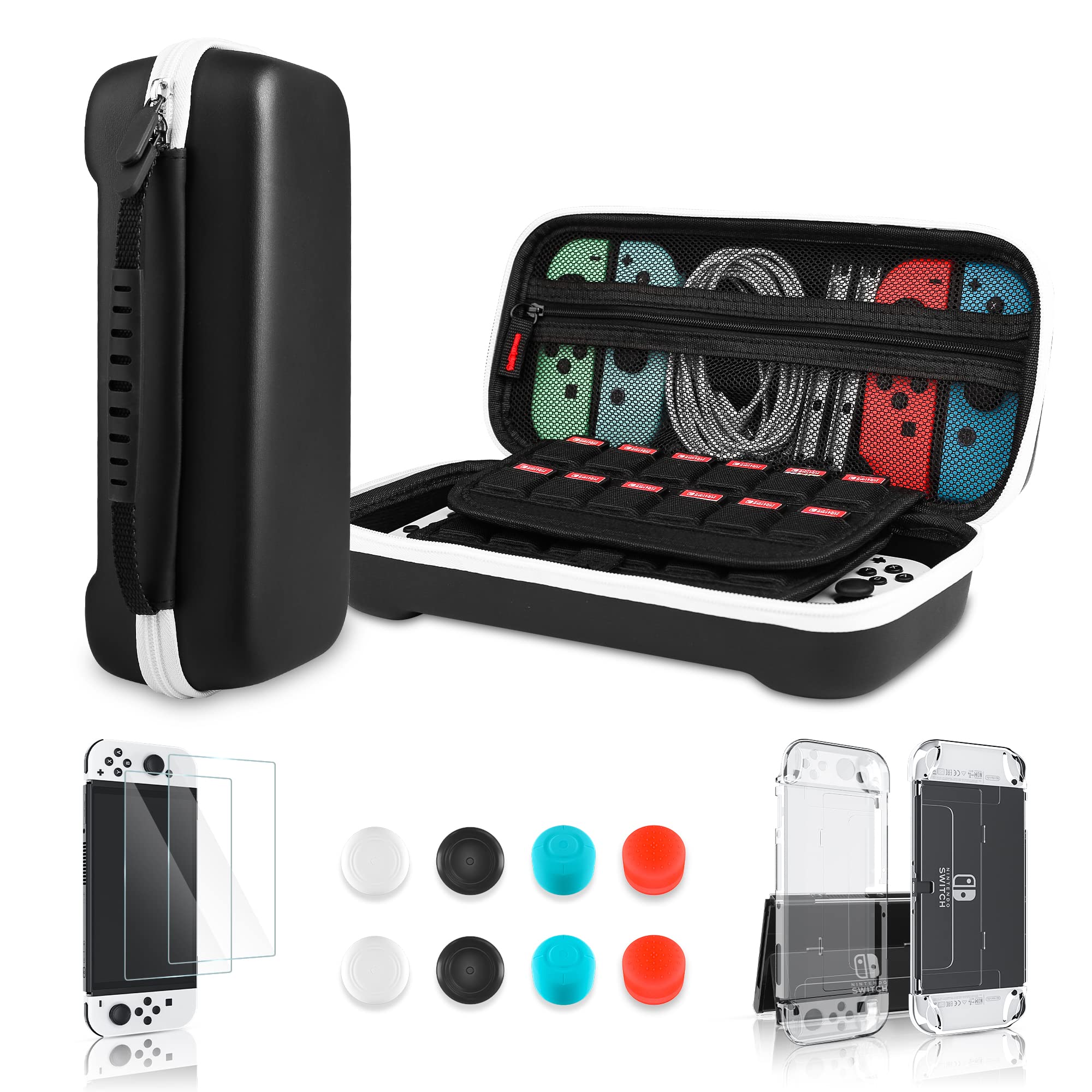 GLDRAM Carrying Case for Nintendo Switch OLED Model 2021 with Clear Protective Case, 2 Screen Protector and 6 Thumb Grips - 24 Game Card Slots & Leather Surface & Large Storage & Waterproof