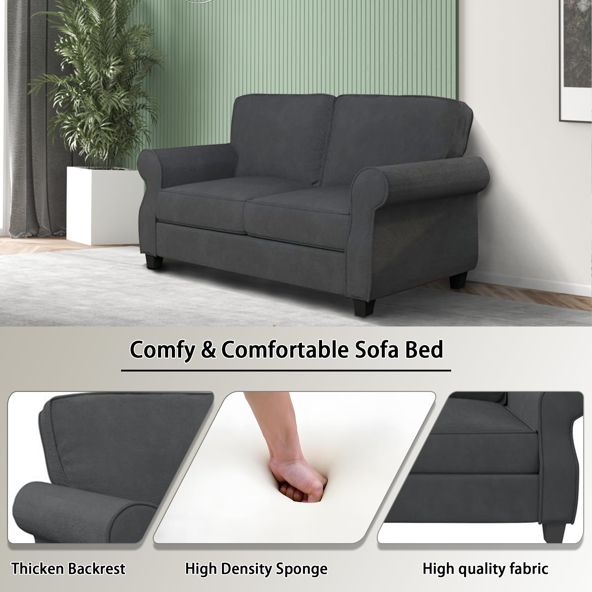 KYLE & KAY Modern 2 Seater Sofa Couch, Upholstered Small Sofa with Solid Wood Frame, Sectional Love Seat Couch for Living Room, Bedroom, Office, Apartment, Dark Gray