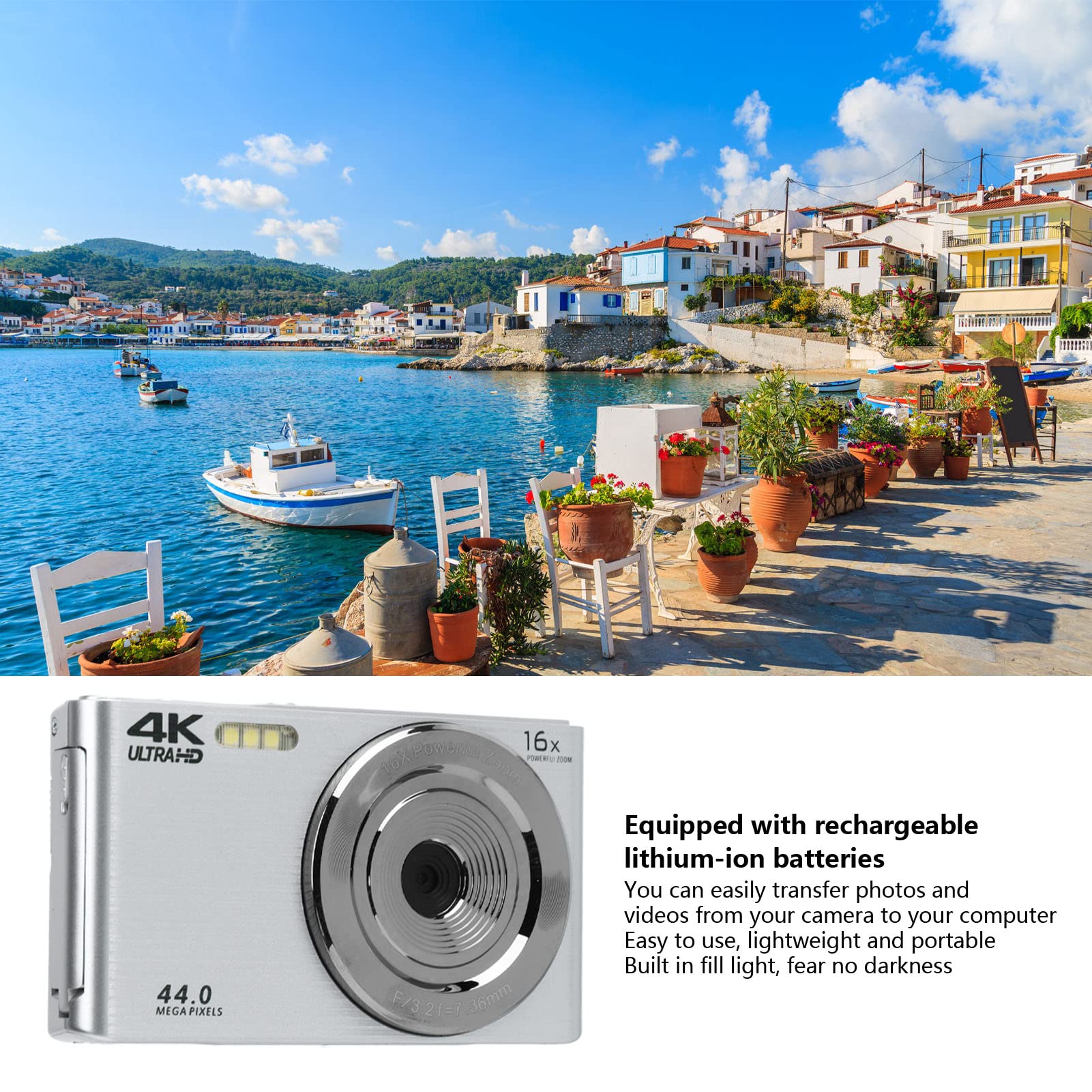 Digital Camera Vlogging Camera, 2.8in Screen 16X Digital Zoom Camera 44MP Photo 4K HD Video Camera, Built in Fill Light, USB Charging, 1200mAh, for Vlogger, Home, Travel (Silver)