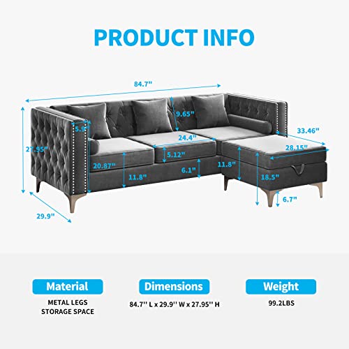 Mjkone Convertible Sectional Sofa for Living Room, Velvet Upholstered L-Shaped Sofa with Throw Cushion & Bolster Cushion, Ottoman for Storage, Button Tufted & Nailhead Trim for Apartment - Grey