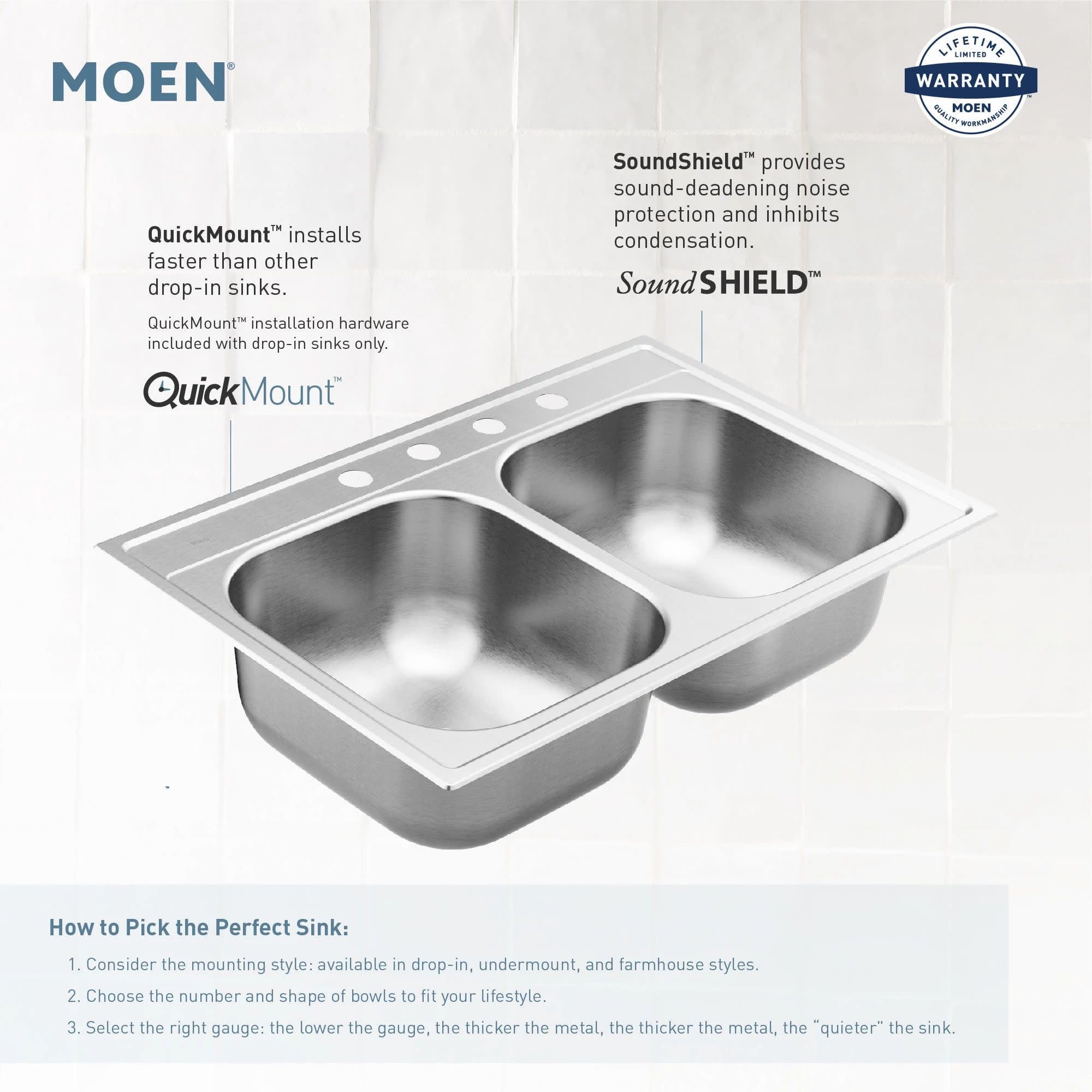 Moen GS18163B 1800 Series 30-inch 18 Gauge Undermount Single Bowl Stainless Steel Kitchen Sink 7-inch Depth, Satin Stainless