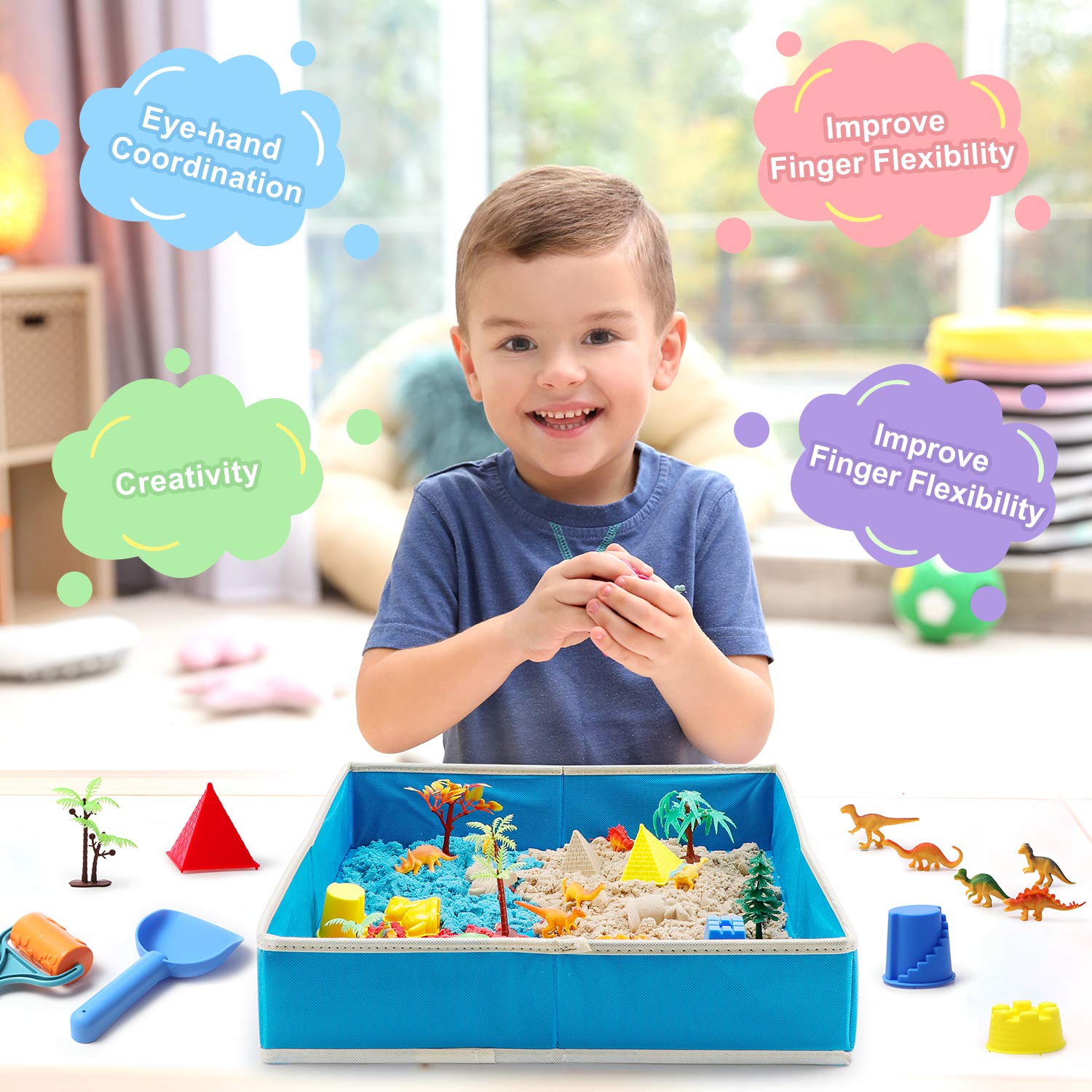 Theefun Play Sand 46Pcs Sand Toys Set with 3lbs Colored Sand-Beach Sand,Foldable Cloth Sandbox, Castle Tools, Dinosaur Figures-Sand Art Kits for Toddlers Boys Girls Gifts