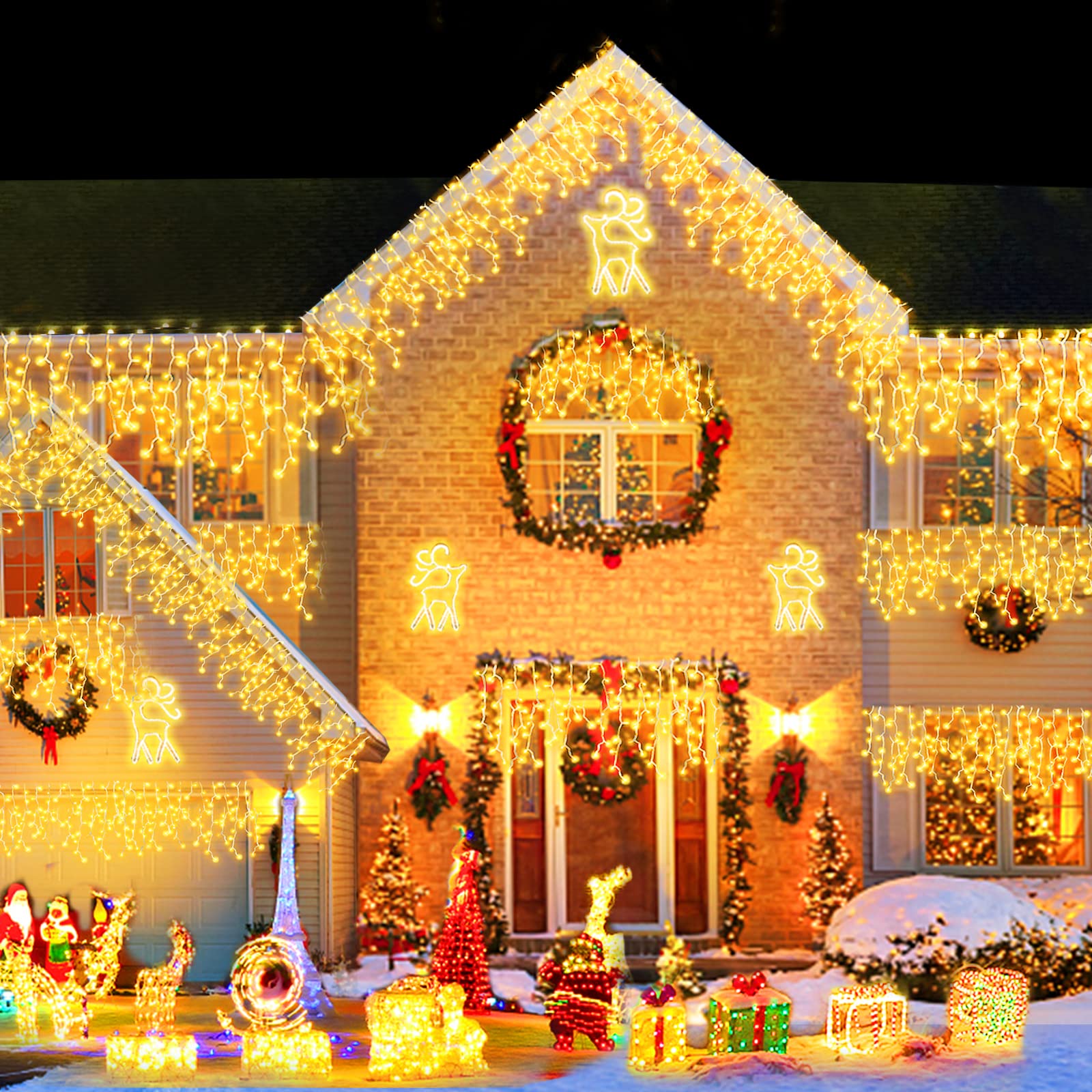 ZOFUNNY 378 LED Christmas Icicle Lights Decor Outdoor, 29.5 Ft 8 Modes 60 Drops Fairy String Curtain Lights Dripping Ice Cycle Lights Xmas Decor Indoor Home Eave Window Holiday Garden (Warm White)