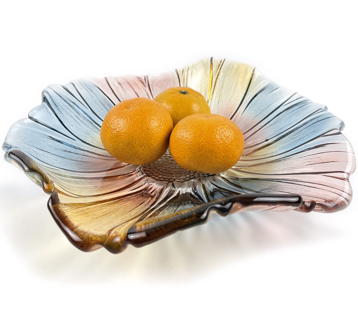 EWEIGEER 11.5-inch Crystal Glass Colorful Fruit Bowl Dessert Cake Candy Snack Plate,Art Sunflower-shaped,Large Size,Cool Design