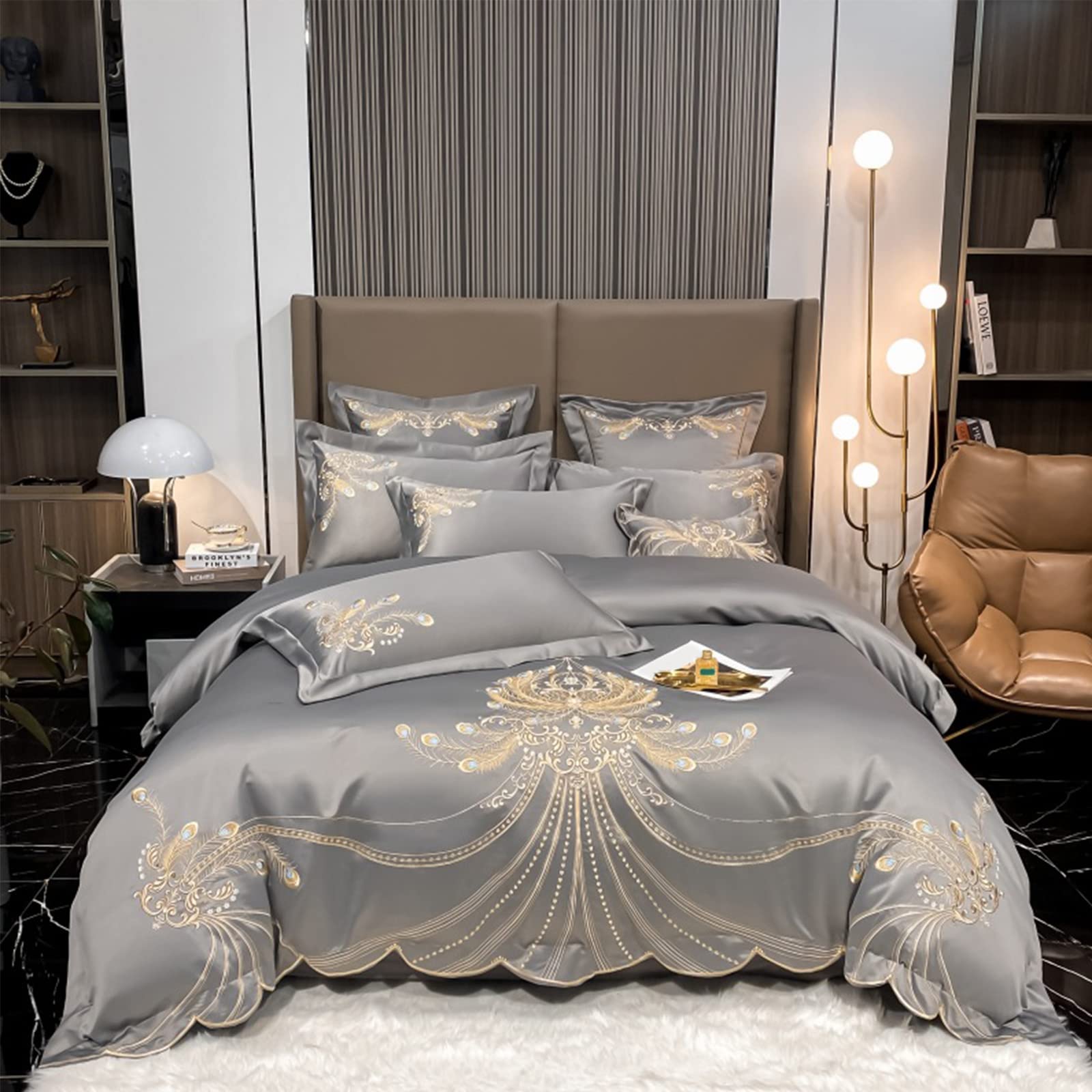 QQXX Luxury Embroidery Duvet Cover Set,Jacquard Silk Bedding Set,Cozy Breathable Microfiber Comforter Cover Set with Zipper Closure and Corner Ties for All-SeasonTies(Queen, Gray)