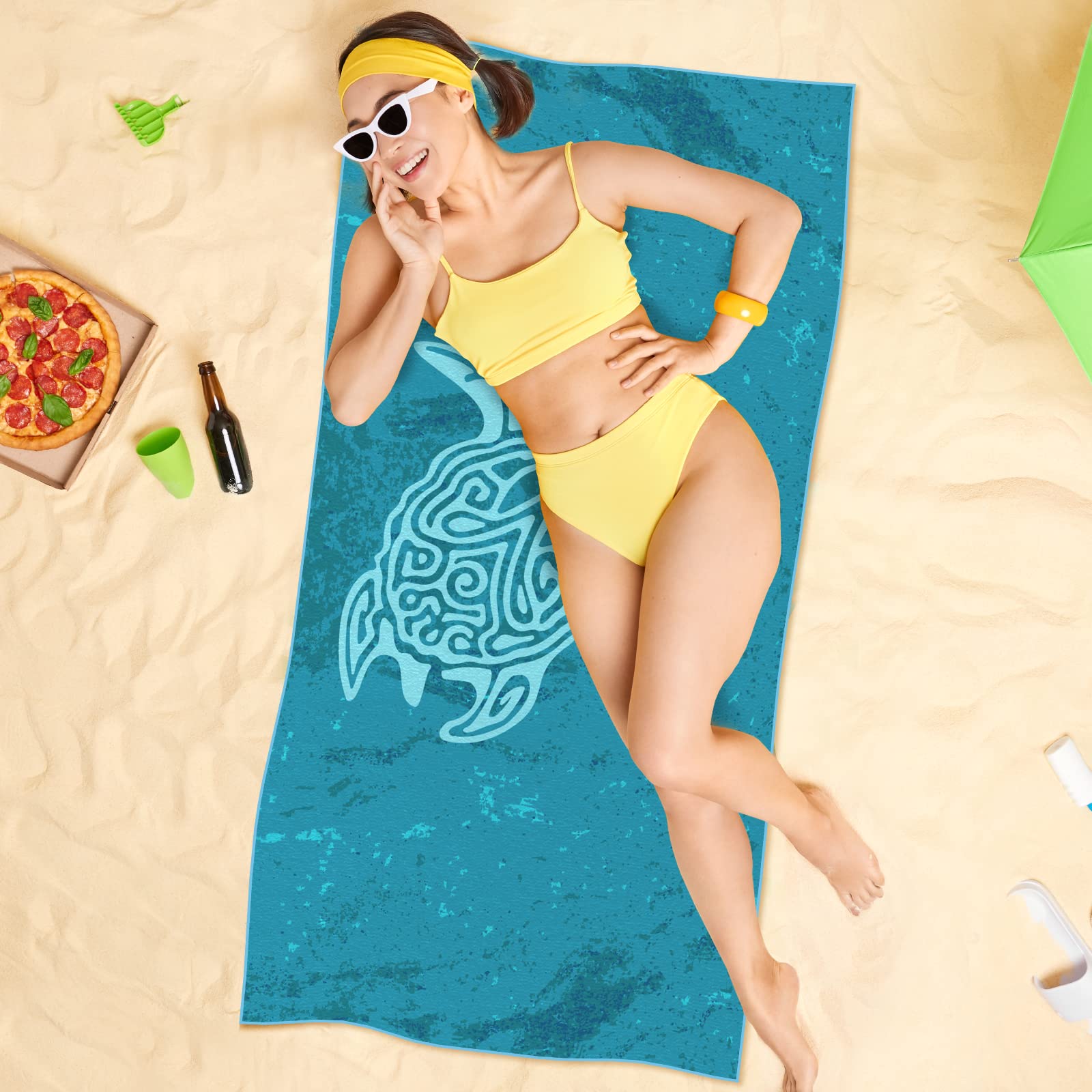 DECOMEN Beach Towel, Microfiber Beach Towels, Oversized Lightweight Quick Dry (73" x 35") Sand Proof, Absorbent, Compact, Beach Blanket, Lightweight Towel for The Swimming, Beach, Gym-Blue Totem