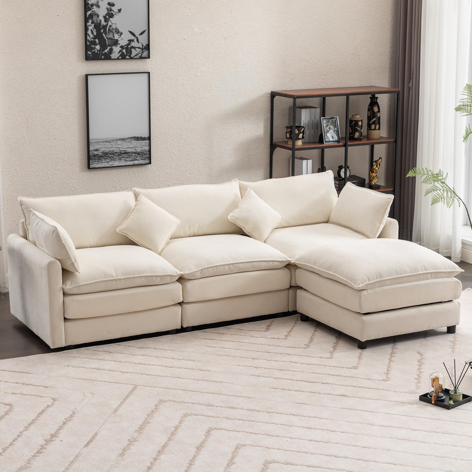 L Shaped Sectional Sofa Cloud Couch with Movable Ottoman,Convertible Deep 4 Seater Modular Couch for Living Room,Modern Chenille Comfy Upholstered Corner Couch with Double Cushions,Dark Gray