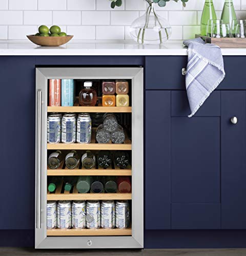 GE Wine Cooler & Beverage Refrigerator | Mini Fridge With Lock & Key Included | Complete With Oak Shelving, Glass Exterior & Warm Interior Lighting | Fits 109 Cans or 31 Wine Bottles | Stainless Steel