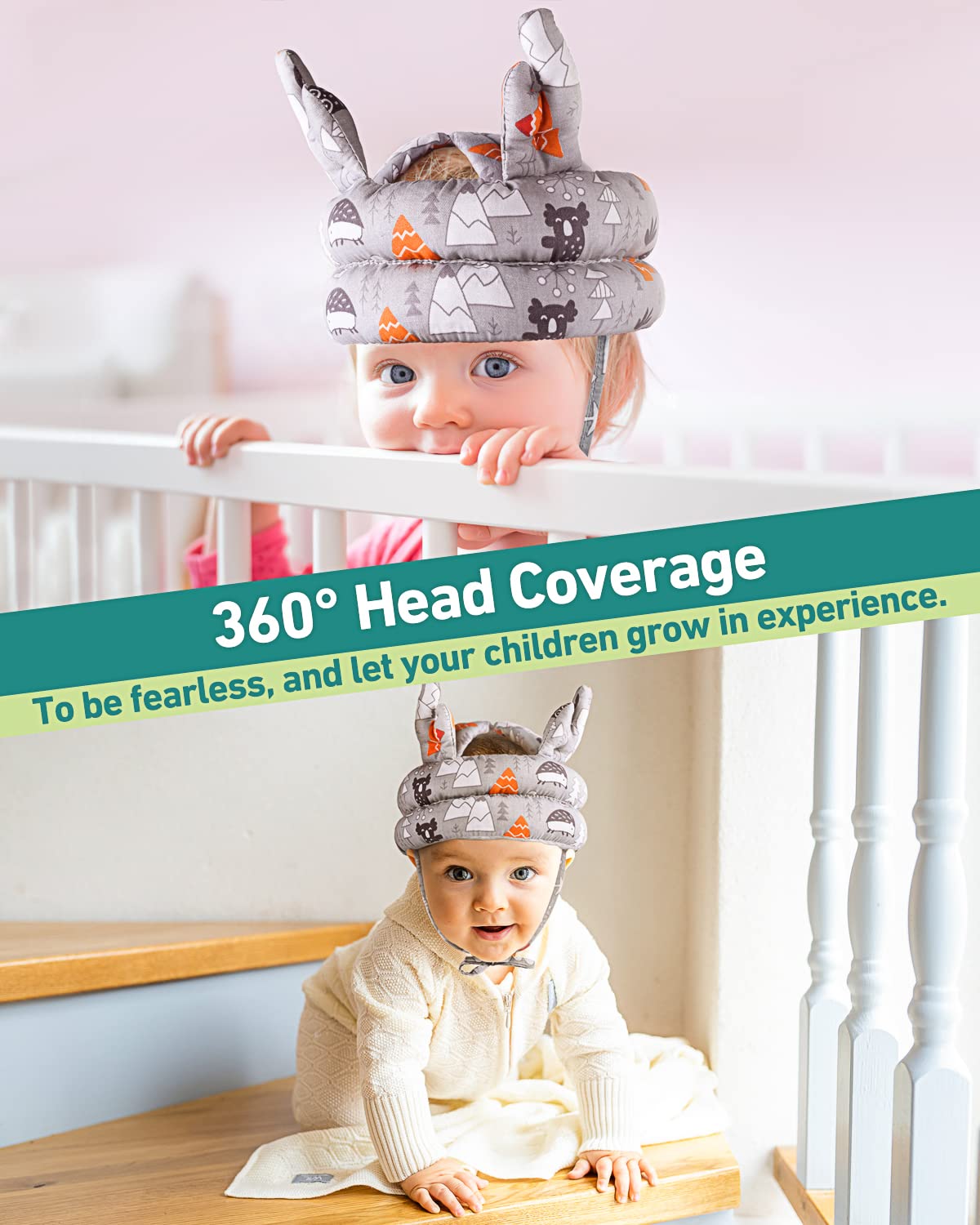 Head Protector for 1-2 Years Baby, Safety Anti Collision Helmet for Infant Toddler, Adjustable Helmet for Baby Crawling Walking Running, Protective Headguard Head Bumper (Gray Forest)