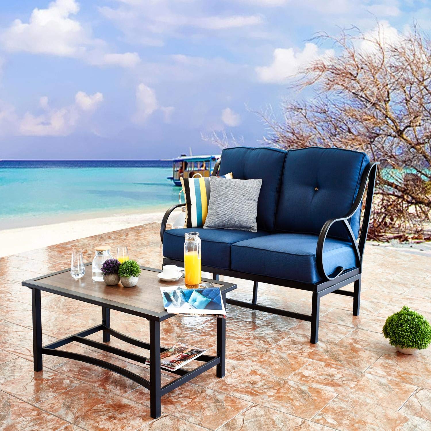 PatioFestival Patio Bench Sofa Outdoor Loveseat Conversation Set with Thick Cushion & Coffee Table Metal Frame Furniture for Deck Garden Poolside Balcony Beach(2 Seats, Blue)