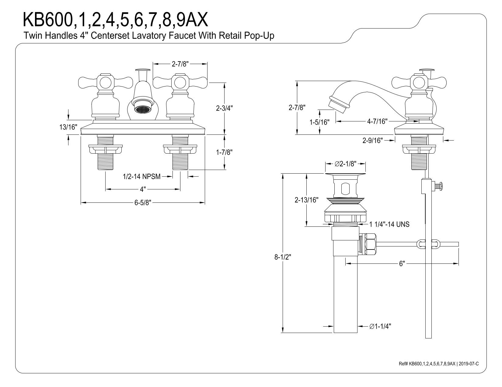 Kingston Brass KB608AX Restoration Center Set Lavatory Faucet with Brass/ABS Pop-Up, 4-1/2-Inch, Brushed Nickel
