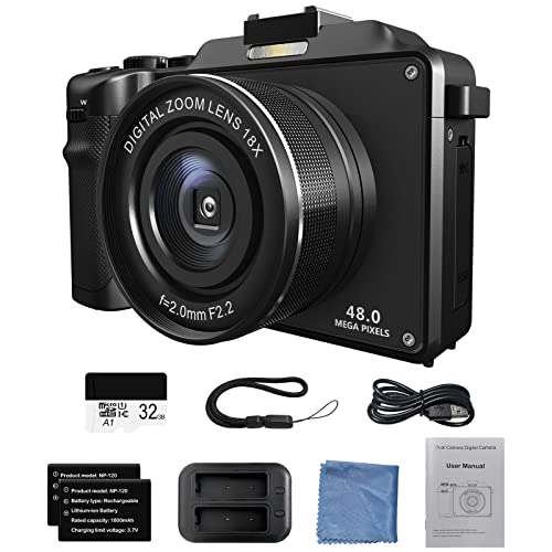 Digital Camera,Cameras for Photography,48MP&4K&18X Zoom,AutoFocus,Anti-Shake,32GB Micro SD+2 Batteries,Travel Portable Camera Beginner Vlogging Camera Black,Gray