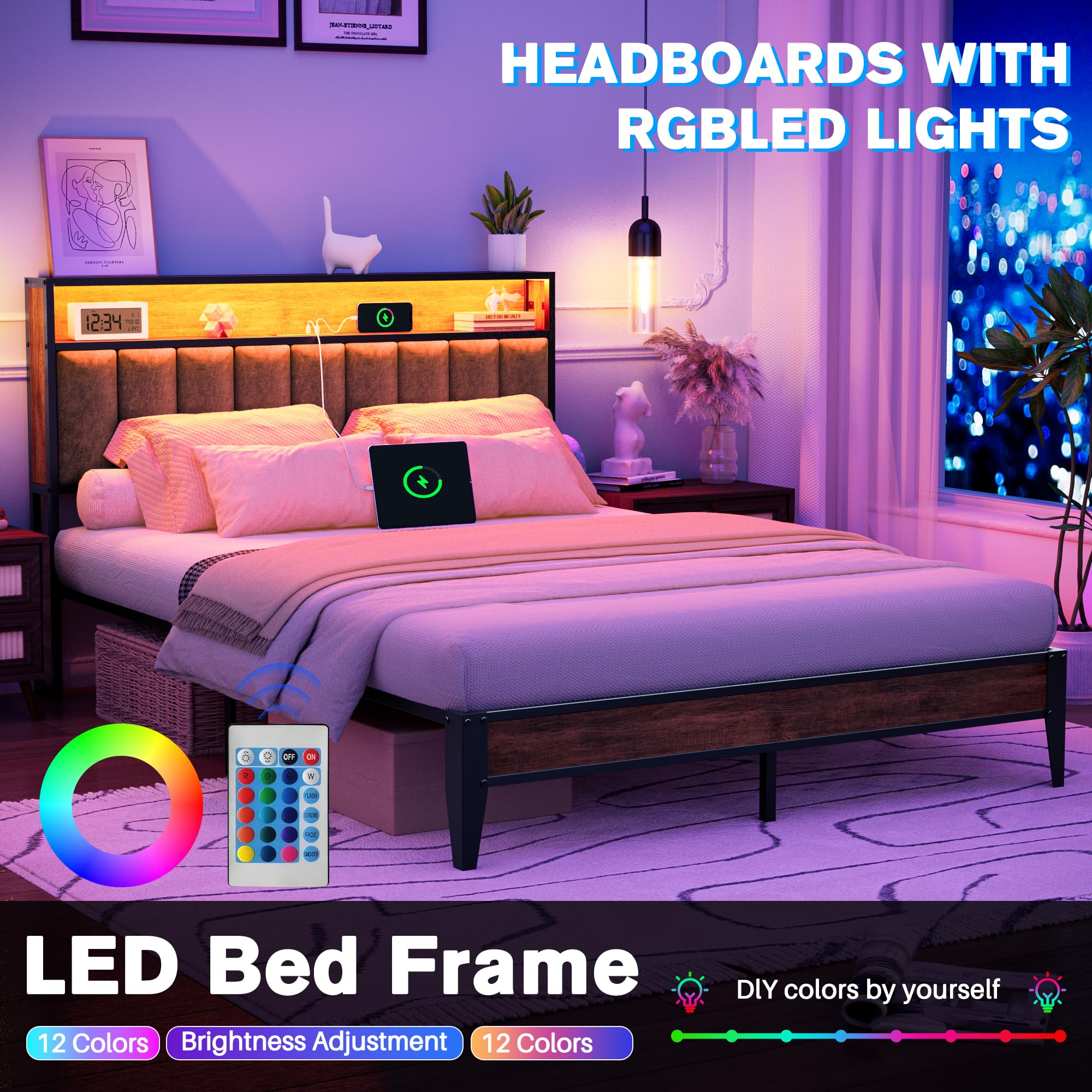 HLHFZP Queen Bed Frame, Queen Bed Frame with LED Light Headboard and 1 Type C & 2 USB Charging Station, Heavy Duty Metal Bed Frame No Box Spring Needed - Easy Assembly and Noise Free (English)