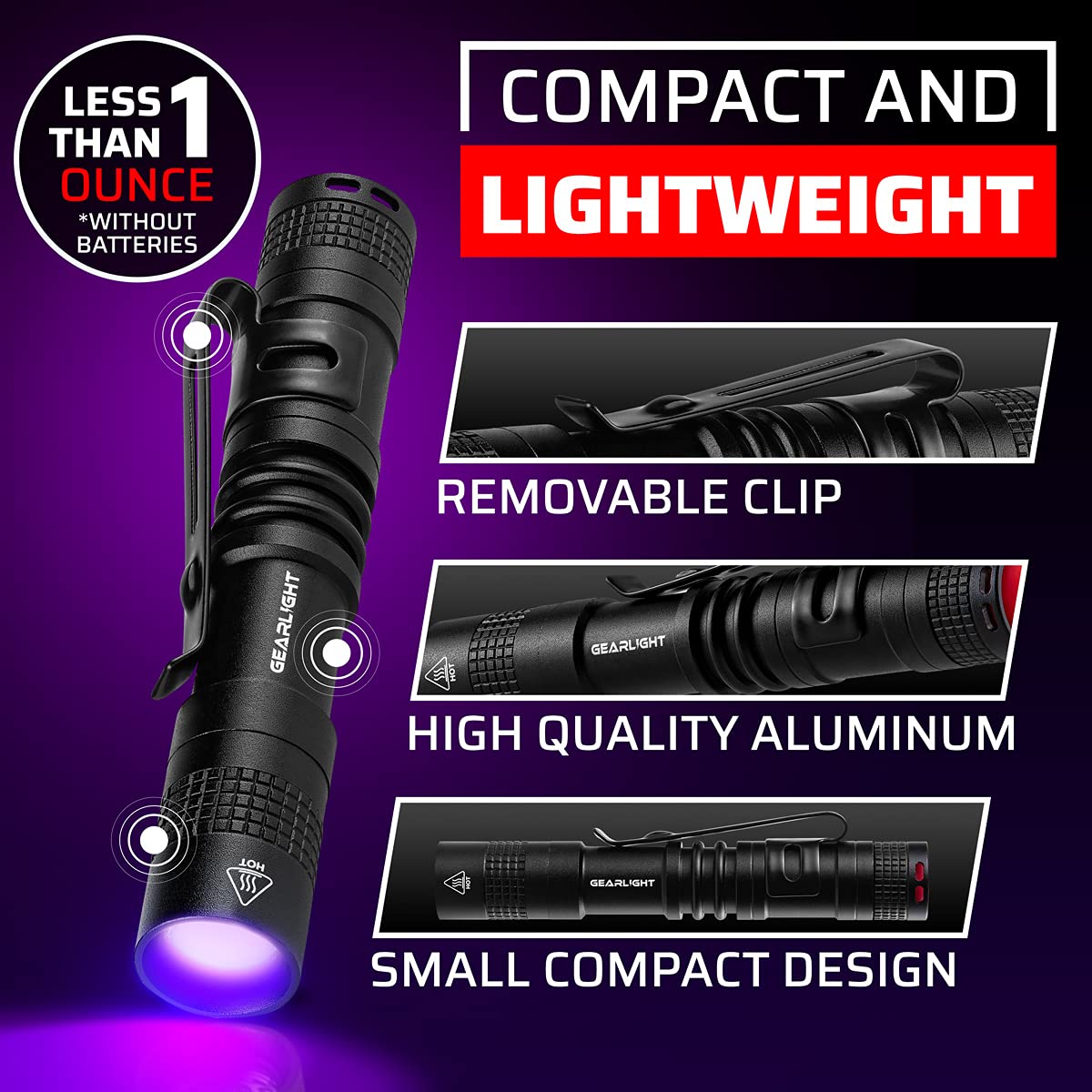 GearLight Black Light UV Flashlight S50 [2 Pack] - 365 nm Mini Blacklight Ultraviolet Pen Flashlights for ID Check, Leak AC Detection, Resin Curing - Pet Urine, Scorpion, Stain Handheld Detector