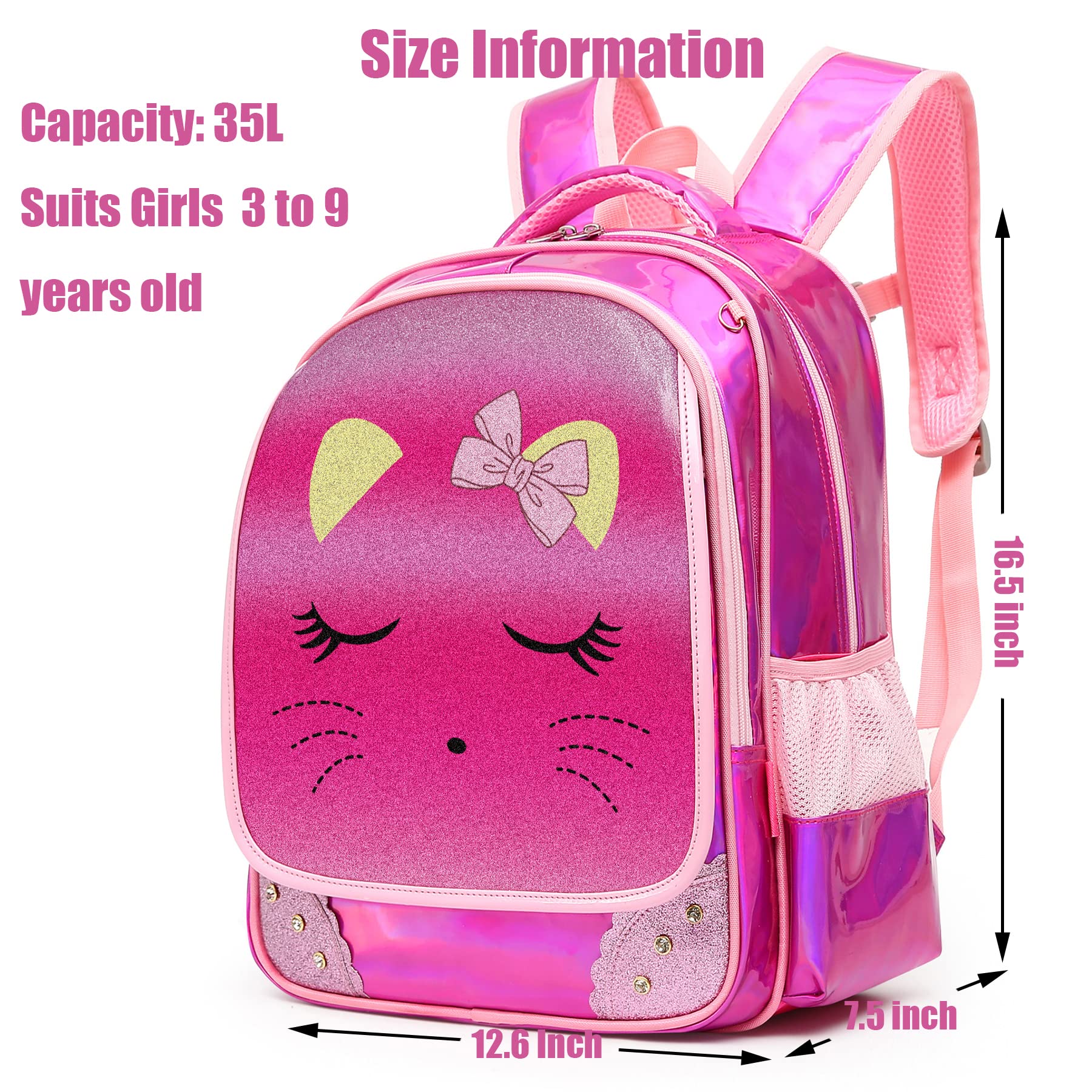 Dorlubel School Backpack for Girls, Kids Backpack Childrenās School Bag Cat face Diamond Glitter BookBags for Elementary (Rose Cat Set)