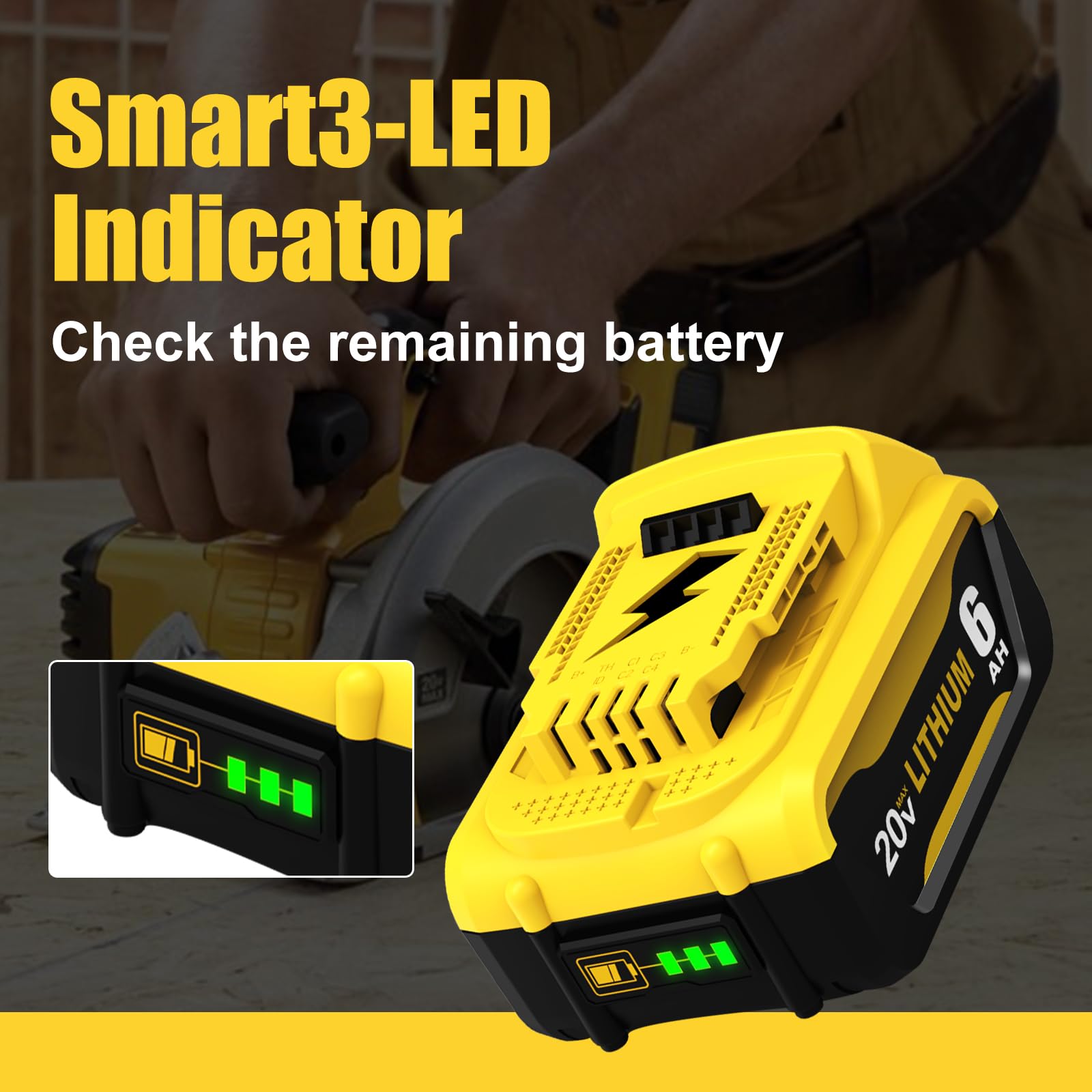 Ibanti DCB206 Battery Replacement for Dewalt 20V Battery Compatible with Dewalt 20V Battery DCB206 DCB203 DCB204 DCB200 DCD/DCF/DCG for Dewalt 20 Volt Max Series Cordless Power Tools (Yellow)