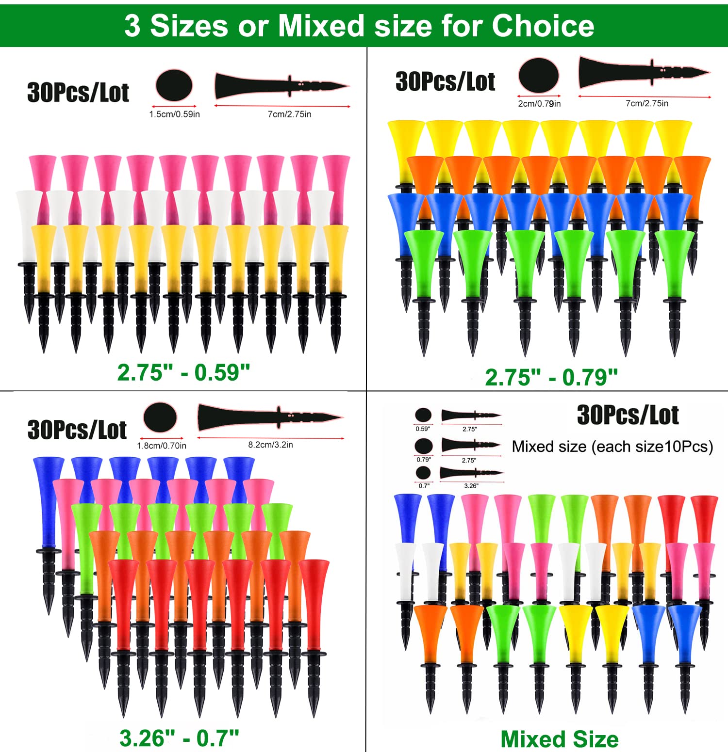 GLOOF Golf Tees Unbreakable Bulk 30pcs Golf Plastic Tees Reduce Friction Side Spin Durable Stable for Golfer Practice Mixed Colors