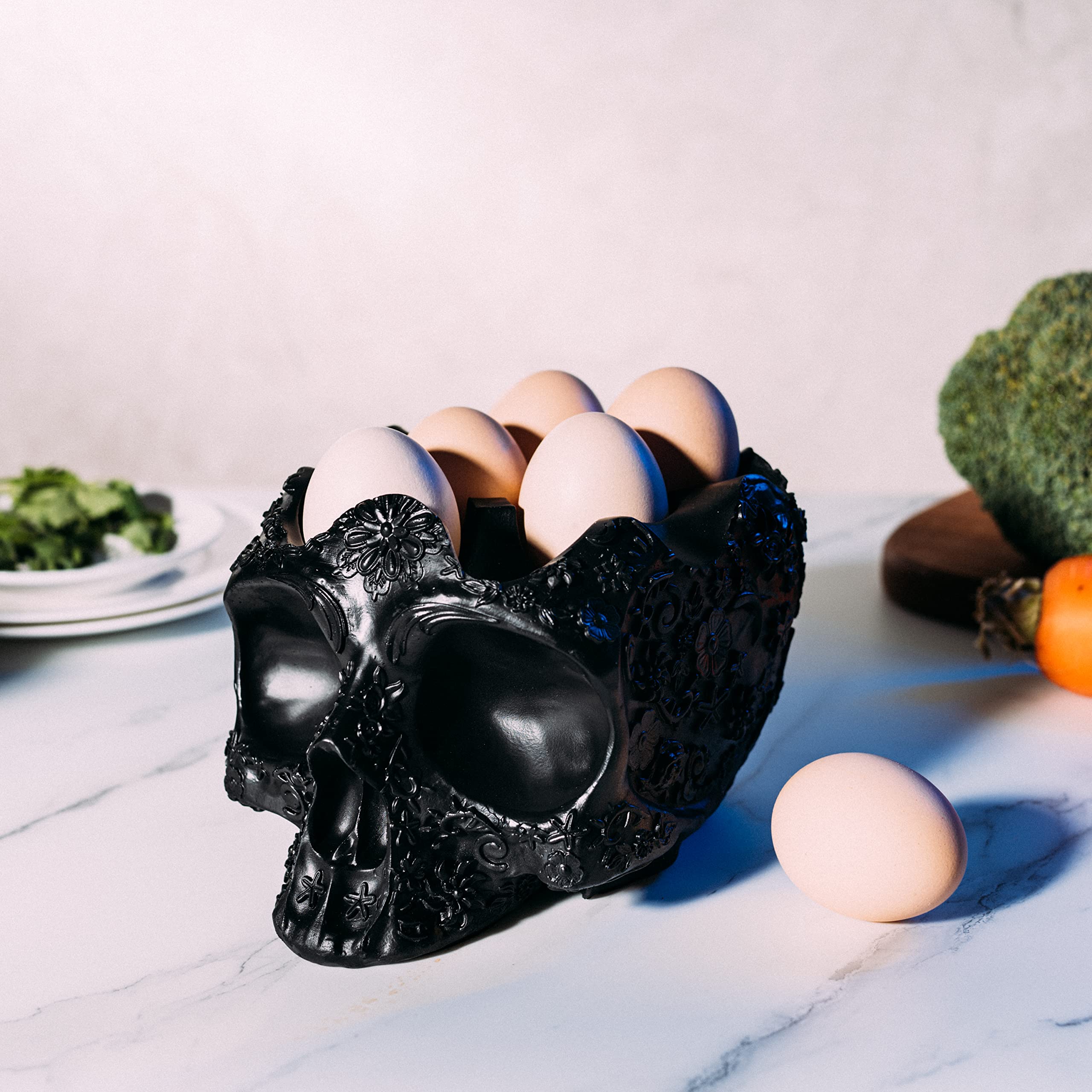 GUTE Skull Egg Holder Container Bowl 6" H Half Dozen Decorative Halloween Egg Keeper Storage Display Organizer Serveware Breakfast Serving for Countertop, Kitchen, Decor Skeleton Trick Or Treat