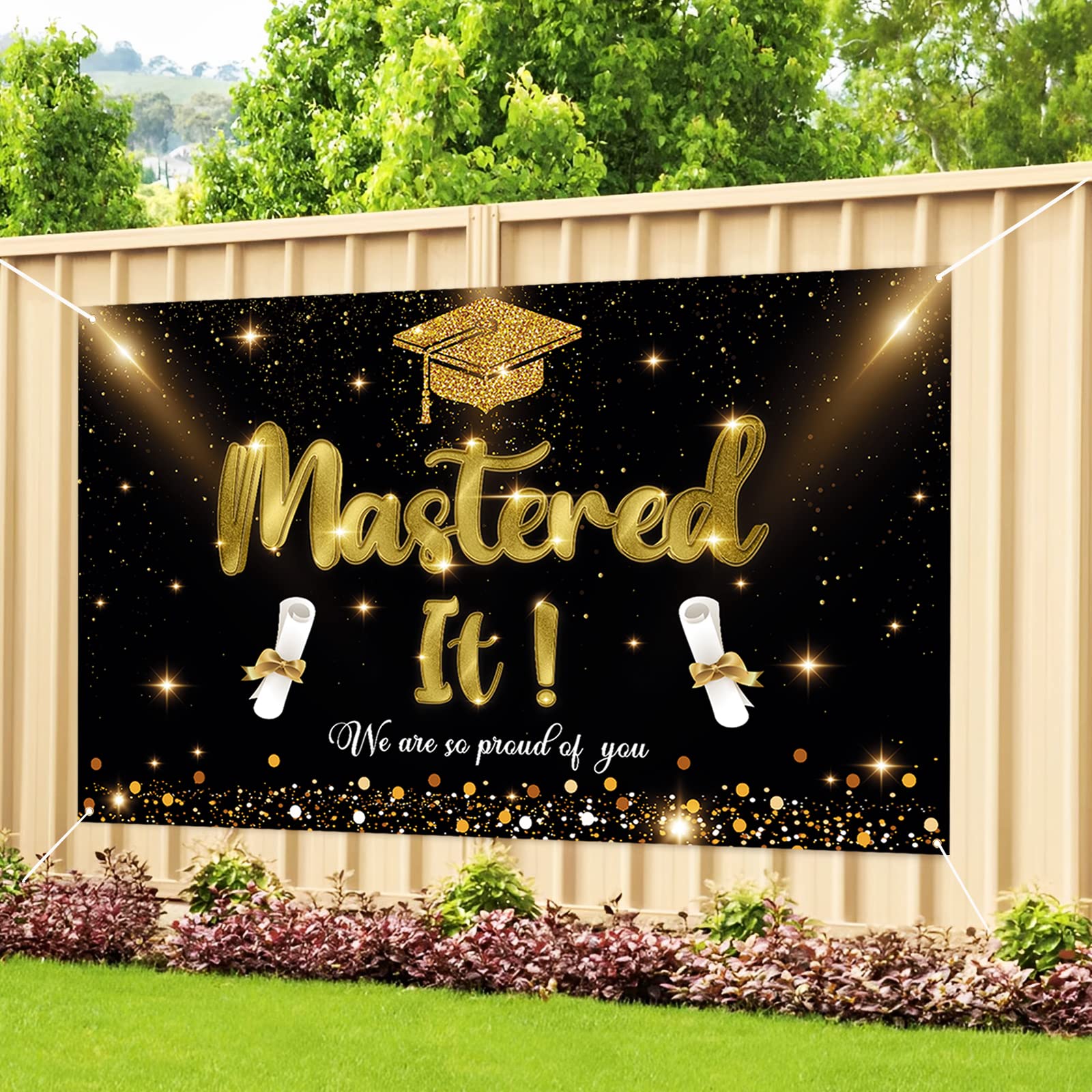 Labakita Mastered It Backdrop Banner, Masters Graduation Decorations, Masters Degree Graduation Banner, Graduation Decorations 2024, Graduation Party Indoor/Outdoor Decorations(Black and Gold)