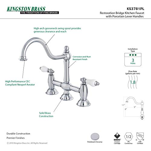 Kingston Brass KS3781PL Restoration Bridge Kitchen Faucet, 8", Polished Chrome