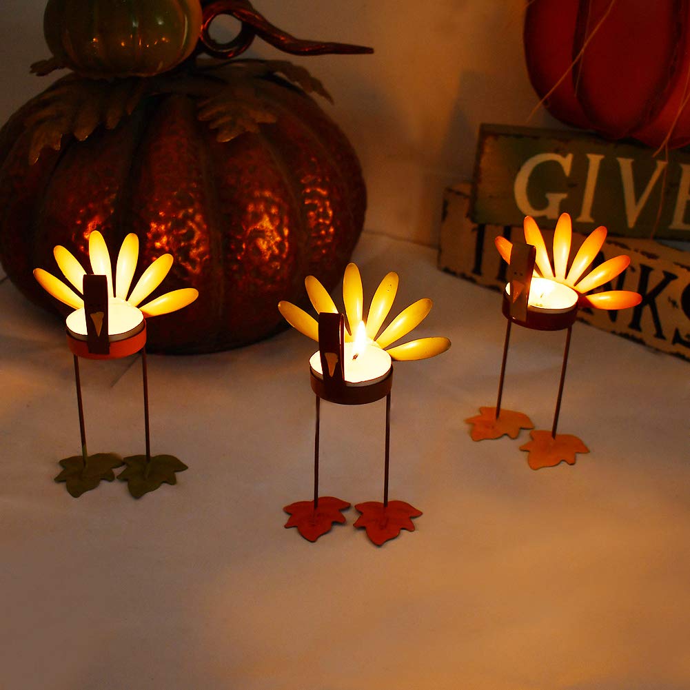 Decorative Candle Holder Thanksgiving Turkey Decorations Set of 3, Metal Turkey Home Decor Accent Rustic Tealight Candle Holder Centerpiece for Dining Room Table, Coffee Table Decor