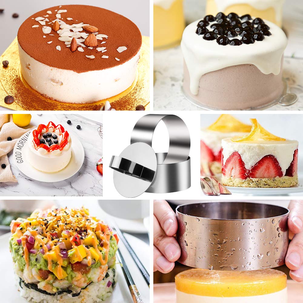 Gutsdoor 4 Pack Food Presentation Rings Stainless Steel Cake Rings Mold Small Baking Round Cooking Rings for Pastry, Cake, Mousse, Pancake - 4 Pushers+1 tweezer, 3.15 Inches Diameter