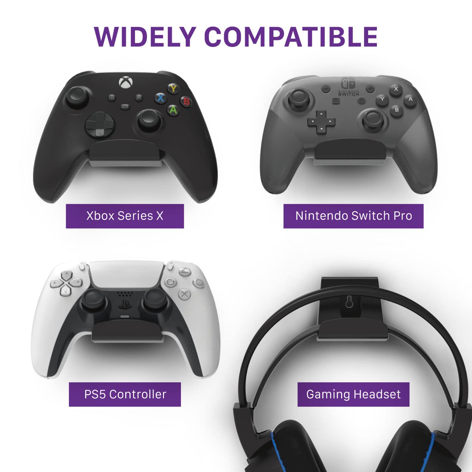 Fosmon Anti-Slip Wall Mount Holder Stand for Gaming Controller and Headphones - 2 Packs, Compatible with PS5 PS4 PS3, Xbox Series X/S, One, 360, Elite Controller, Switch Pro Controller and Headset