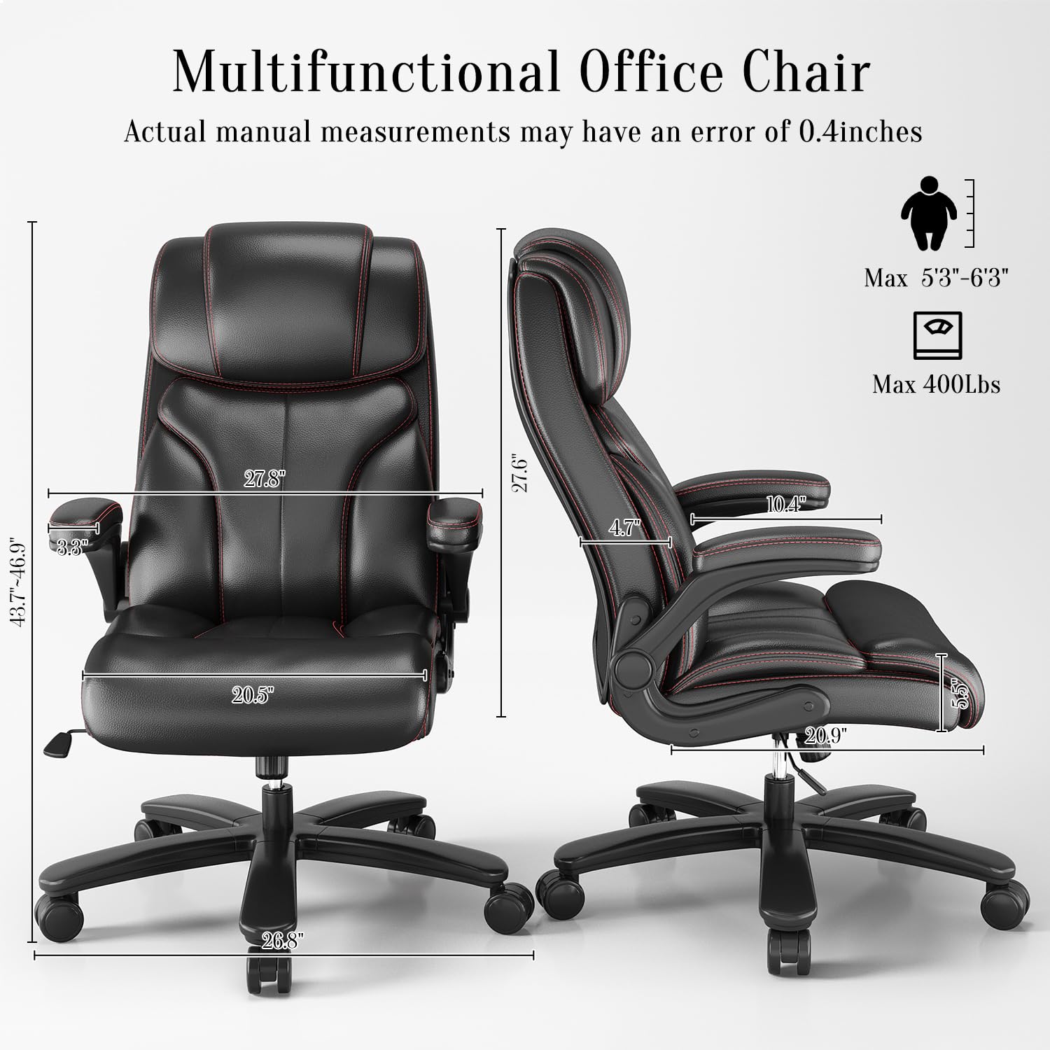 Executive Desk Chair, Sucrever Big and Tall Home Office Chairs for Heavy People 400lbs Wide Seat, High Back Large Executive Office Chair with Adjustable Flip up Arms, Black Leather Computer Desk Chair