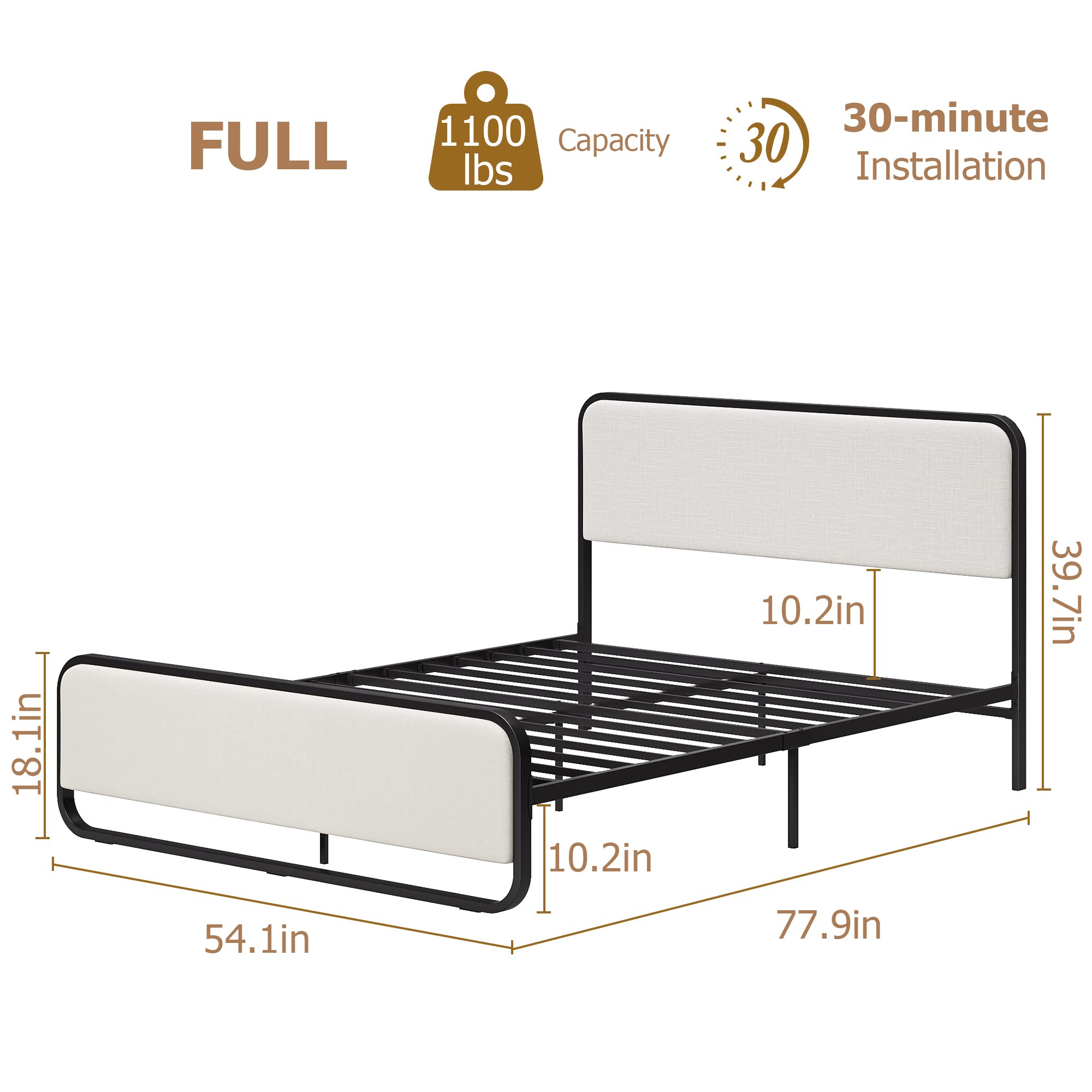 IDEALHOUSE Queen Size Bed Frame with Upholstered Headboard and Footboard, Metal Platform Bed with Curved Headboard, No Box Spring Needed, Beige