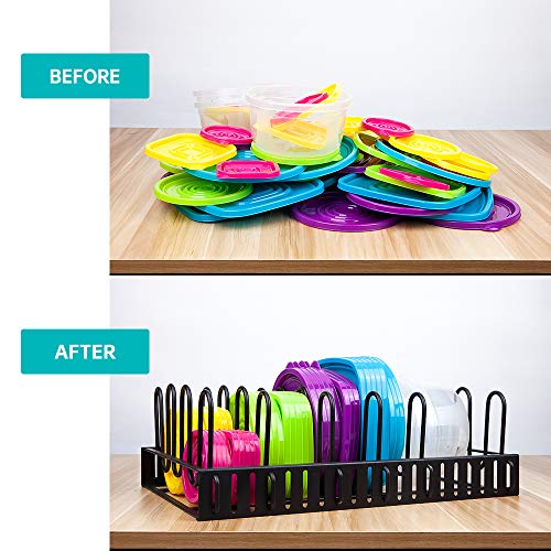GeekDigg Expandable Food Container Lid Organizer for Plastic Lids for Cabinet, with 6 Adjustable Dividers, for Pantry Shelves, Cupboards, Cabinets, Drawers, Black